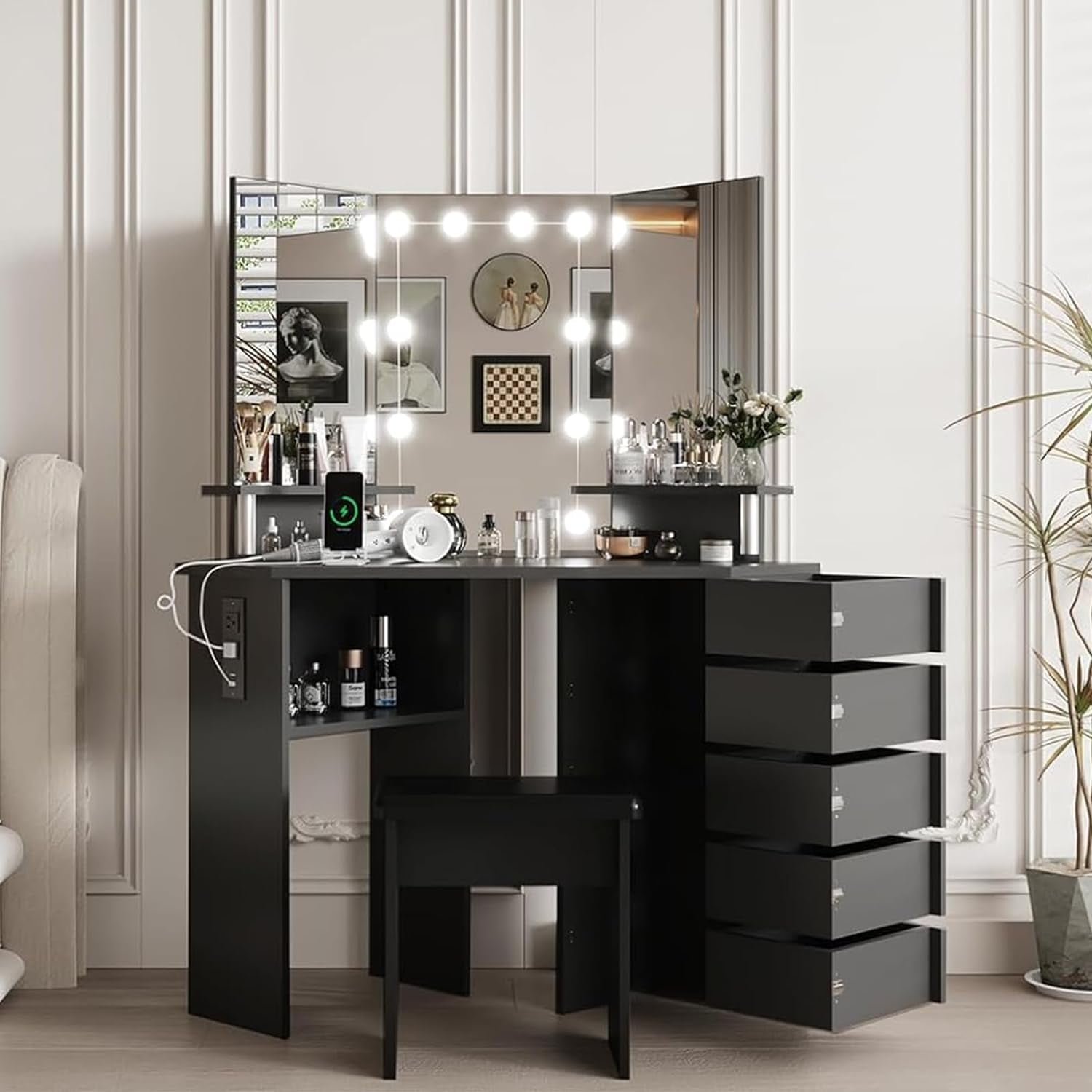 HOBLOC Corner Makeup Vanity Desk with Lights, Power Outlet & Rotating ...