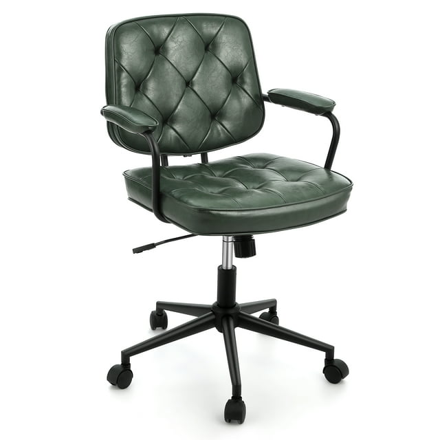 HOBLOC Leather Office Chair with Wheels and Arms, Dark Green Desk Chair ...
