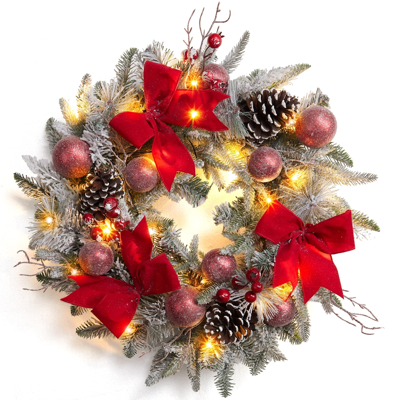 HOBLOC Lighted Christmas Wreaths for Front Door, 24 Inch Pre-lit Xmas ...