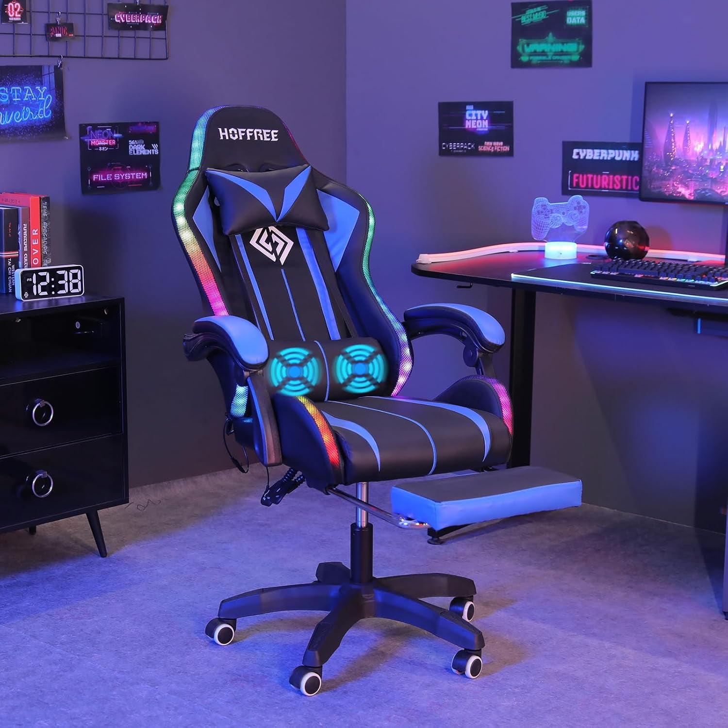 HOFFREE Gaming Chair with LED RGB Lights with Massage and Footrest ...