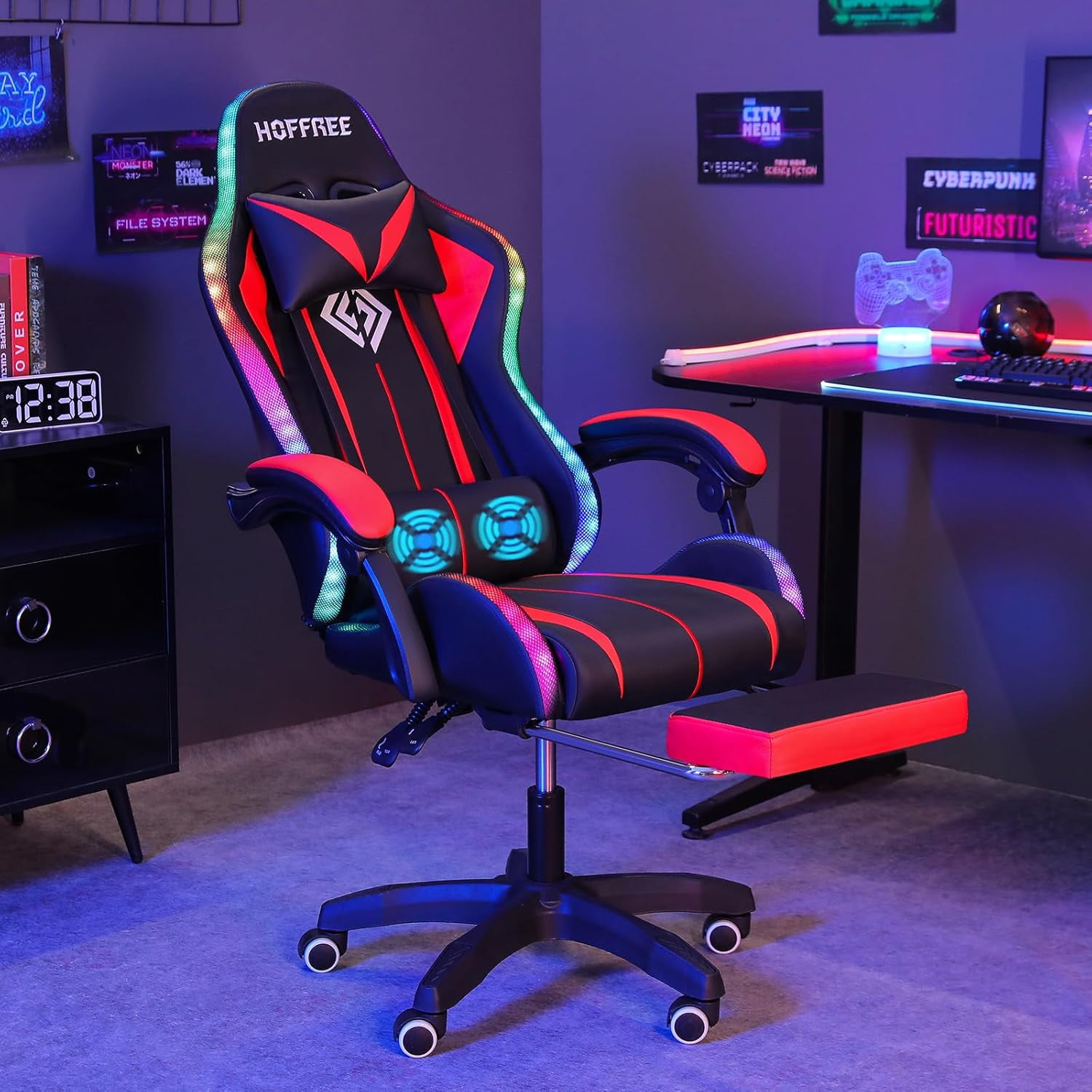 HOFFREE Gaming Chair with LED RGB Lights with Massage and Footrest ...