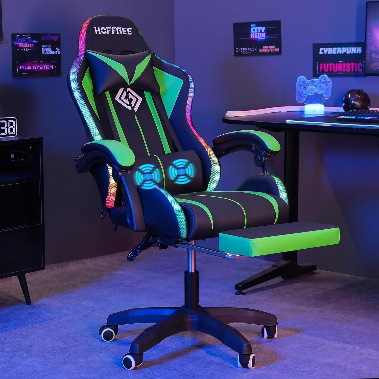 HOFFREE Gaming Chair with LED RGB Lights, Massage Function & Footrest ...