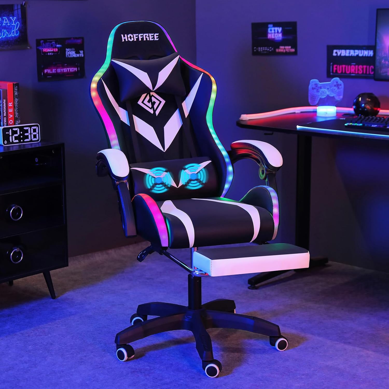 HOFFREE Gaming Chair with Massage and LED RGB Lights Ergonomic Computer ...