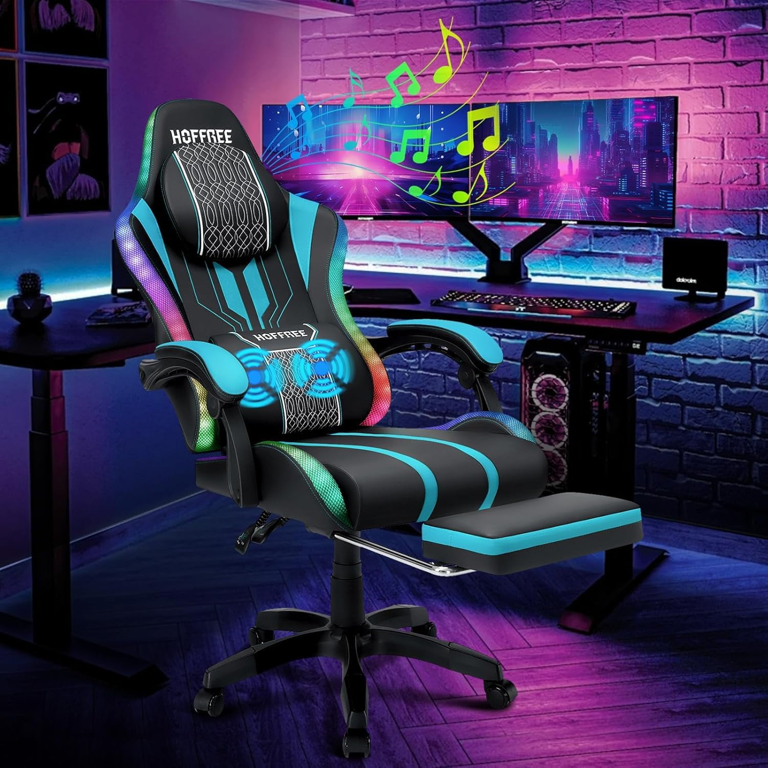 HOFFREE LED Gaming Chair with Speakers Massage Big and Tall Computer ...