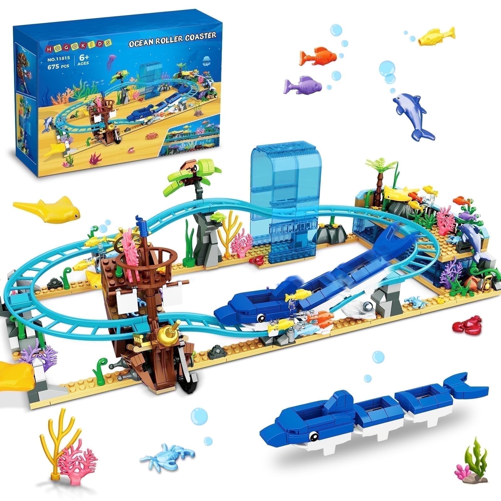 HogoKids 675pcs Ocean DIY Sea World Aquarium Roller Coaster Building Set with Fishes, Sharks ...