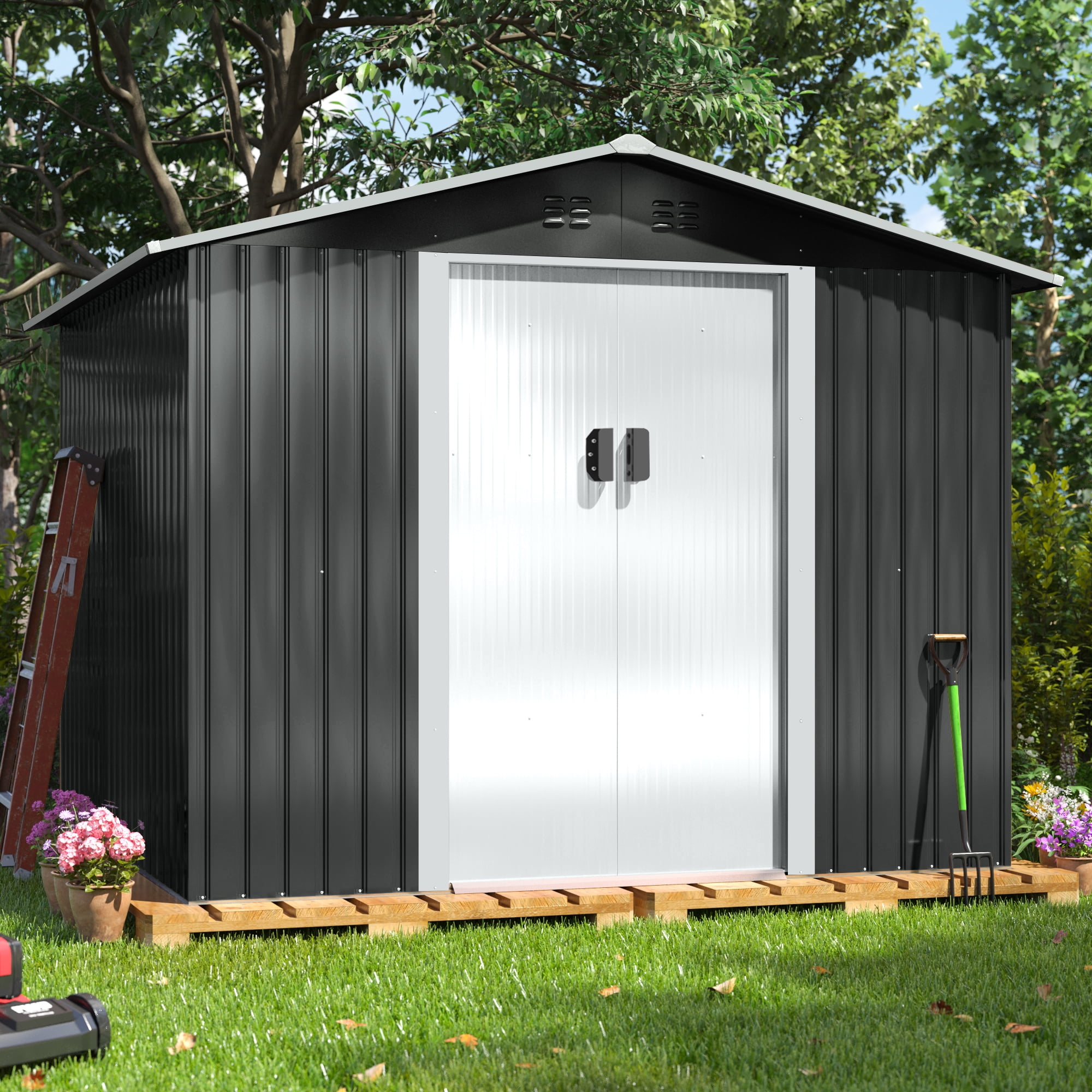 HOGYME 8' x 8' Outdoor Storage Shed, Metal Utility Tool Storage Shed w ...