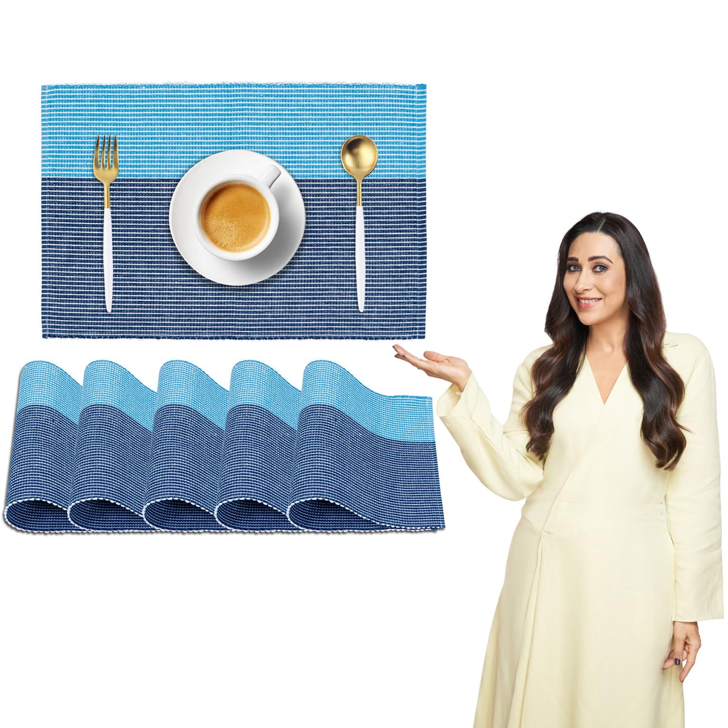 HOKIPO Ribbed Cotton Heat Resistance Dinner Table Mats Blue Set of 6 ...