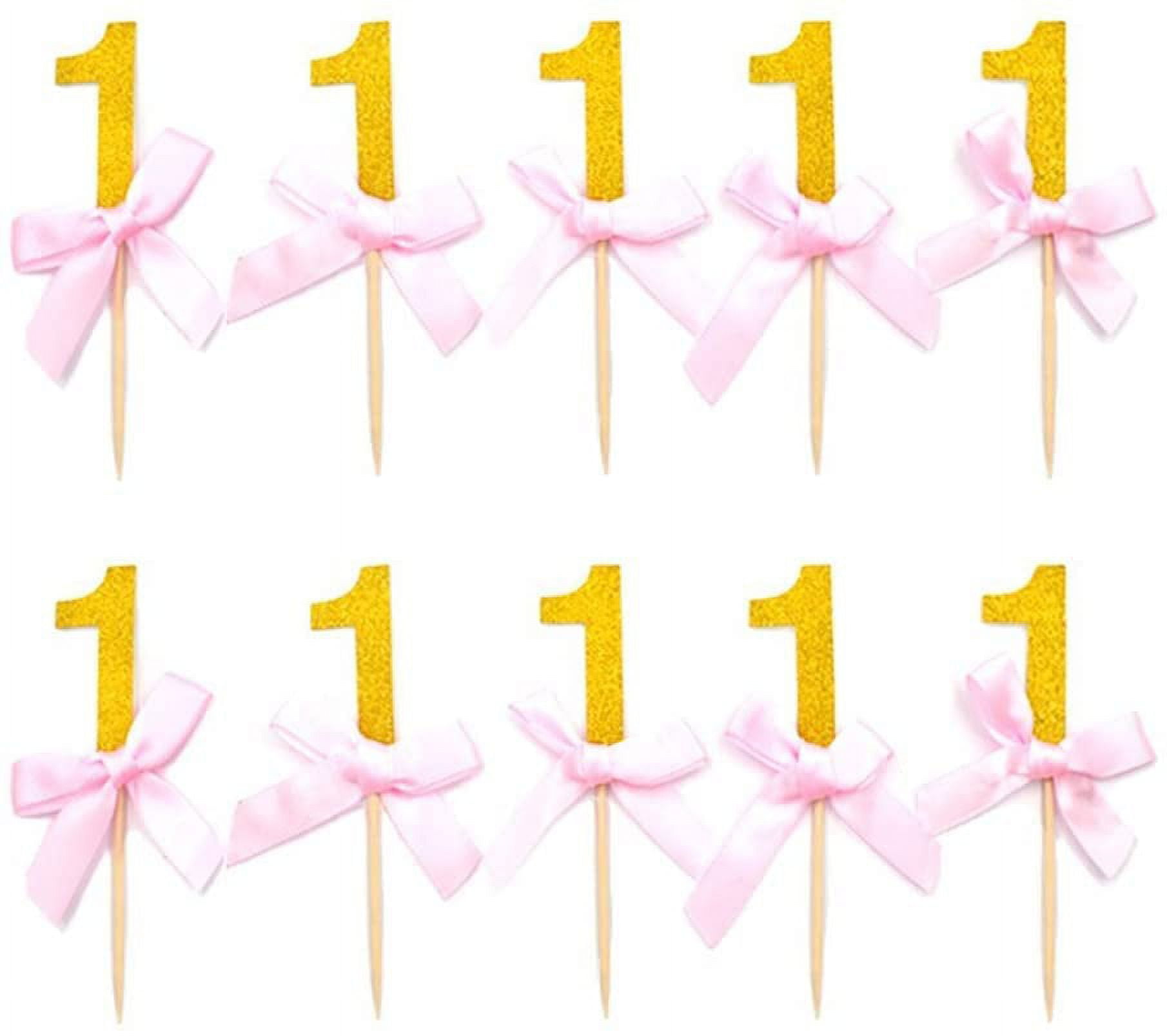 HOKPA Number One Cupcake Toppers Glitter With Pink Ribbon Bow 1st One ...