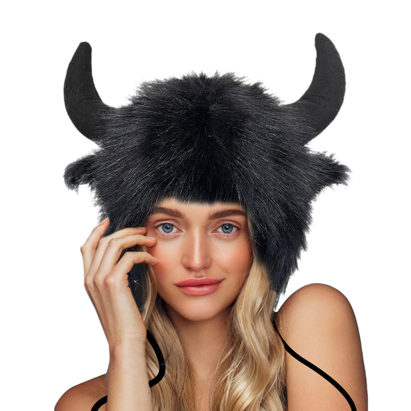 HOLEI Buffalo Hat Buffalo Hat with Horns Furry Earmuff Winter Hats ...