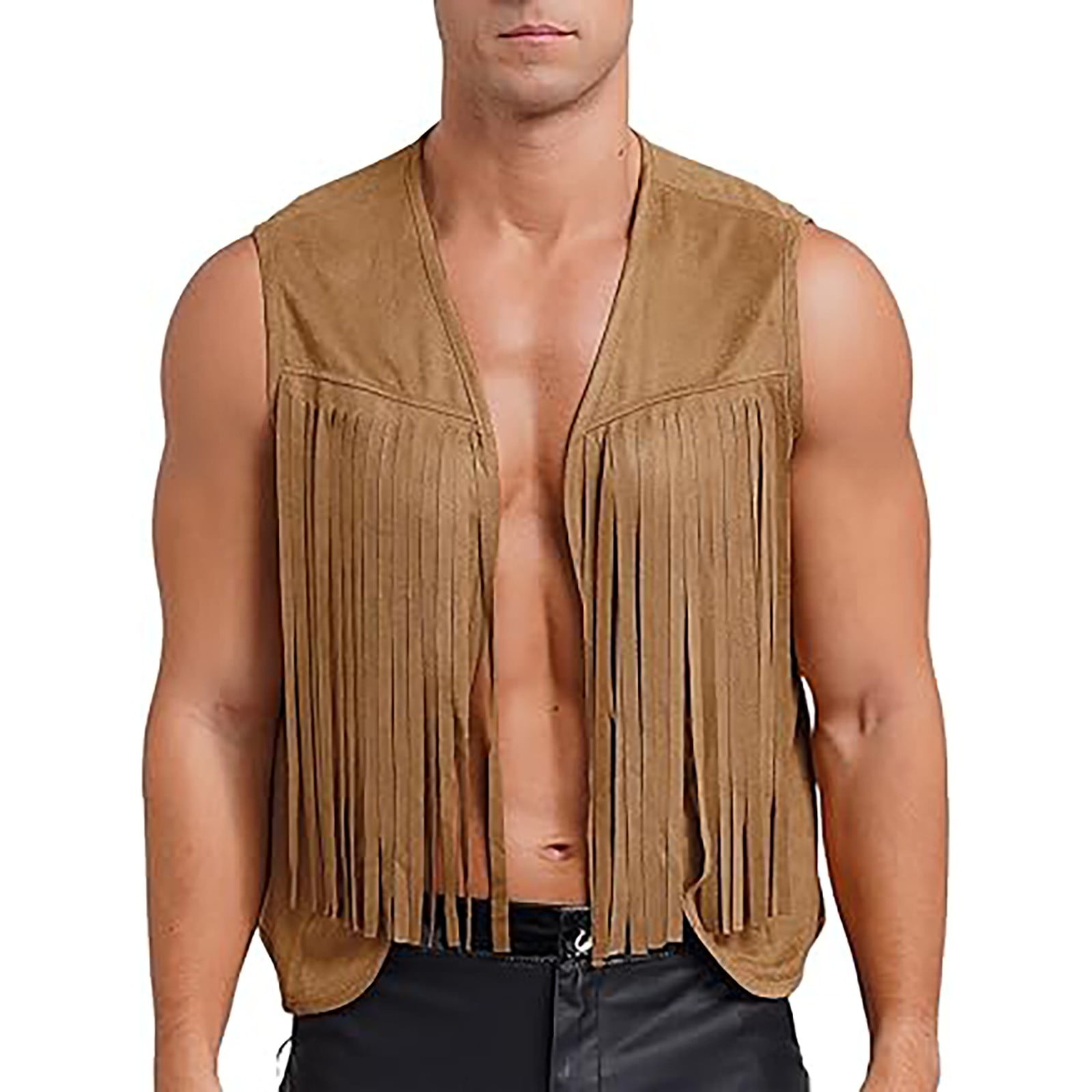 HOLEI Men Cowboy Tassel Solid Color Vest Faux Suede Leather Fringe ...
