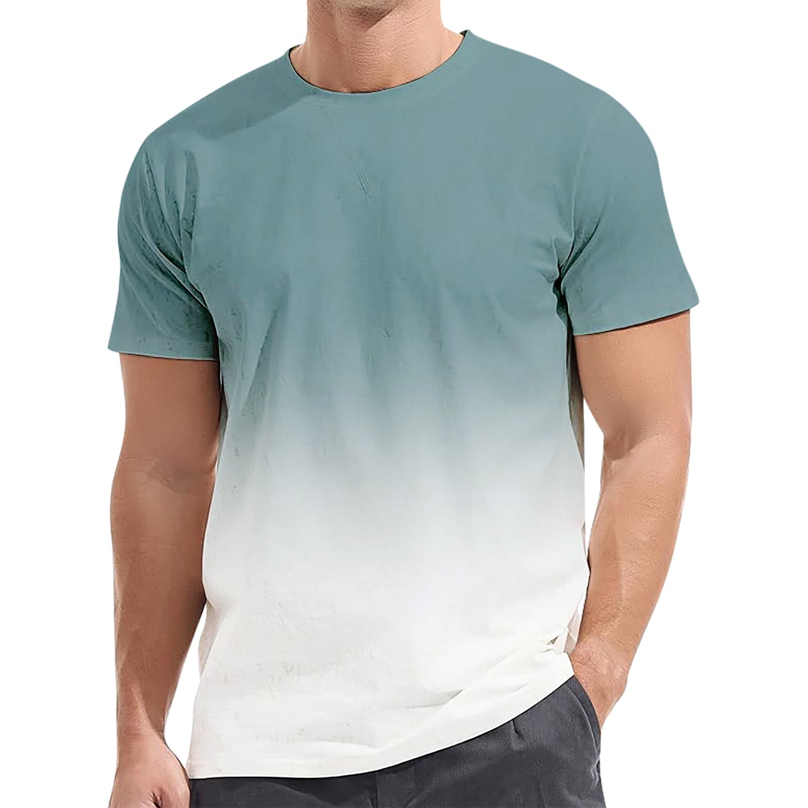 HOLEI Men's Casual Fashion Solid Color Gradient Loose Short Sleeved T ...