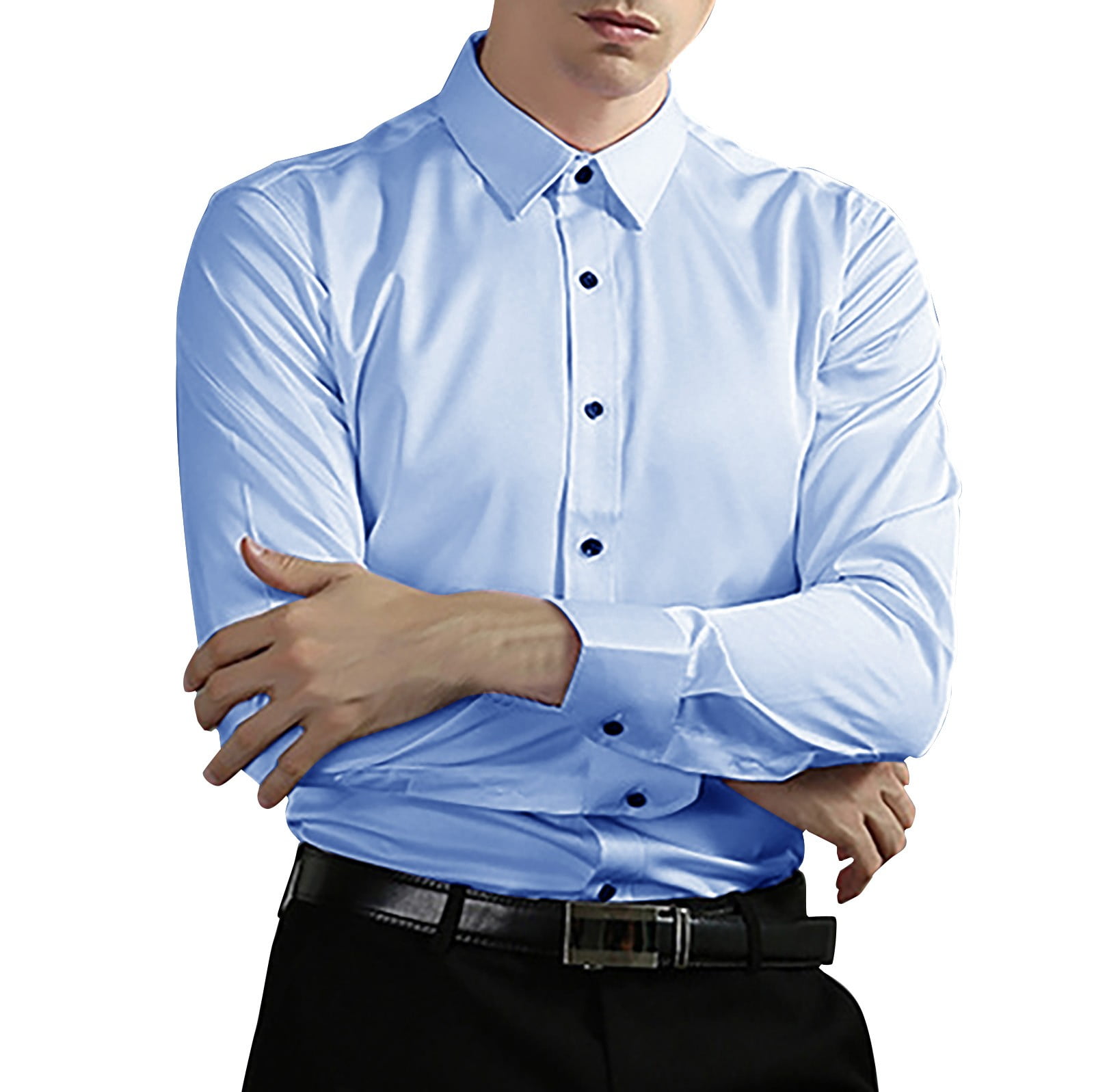 HOLEI Men's Long Sleeved Lapel Solid Color Button Men's Shirt Light ...