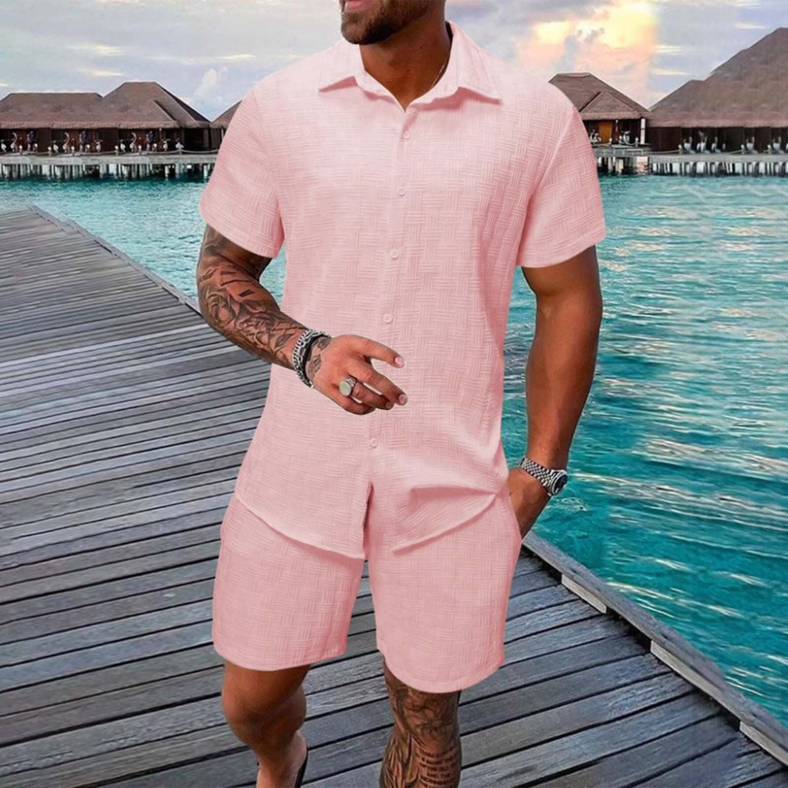 HOLEI Men's Suits Men's Summer Breathable Two Wrinkled Shirt Shorts Set ...