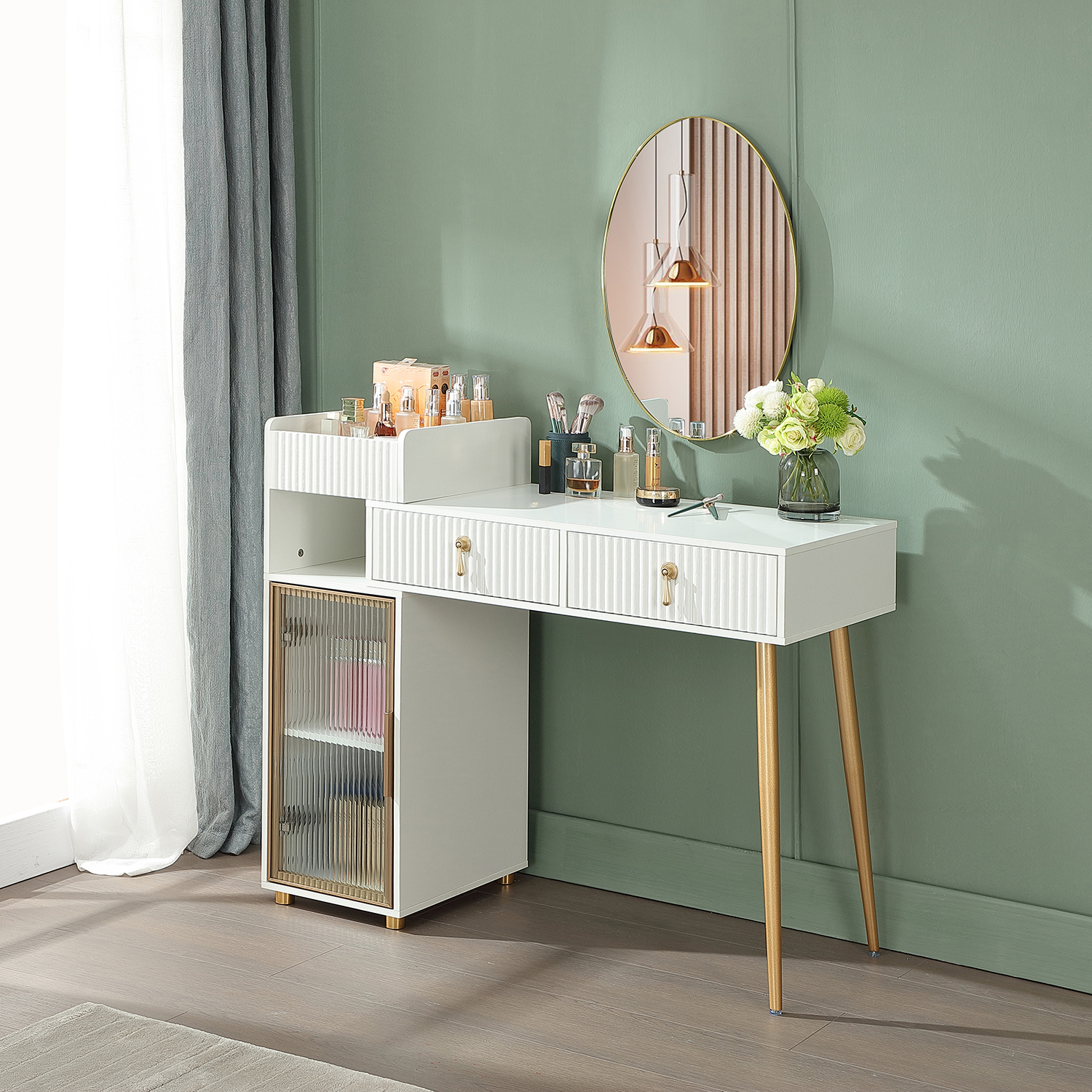 HOLISUN White Makeup Vanity Desk, Modern Dressing Table with Large ...