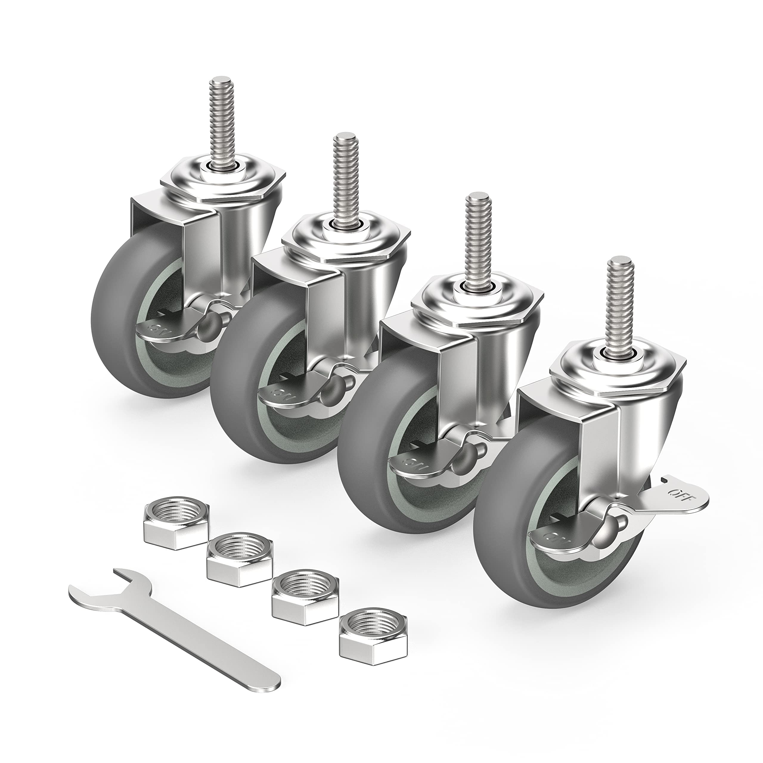 Polyurethane Swivel Threaded Stem Caster Set of 4 w/3 Polyurethane Swivel Threaded Stem Caster Set of 4 w/3