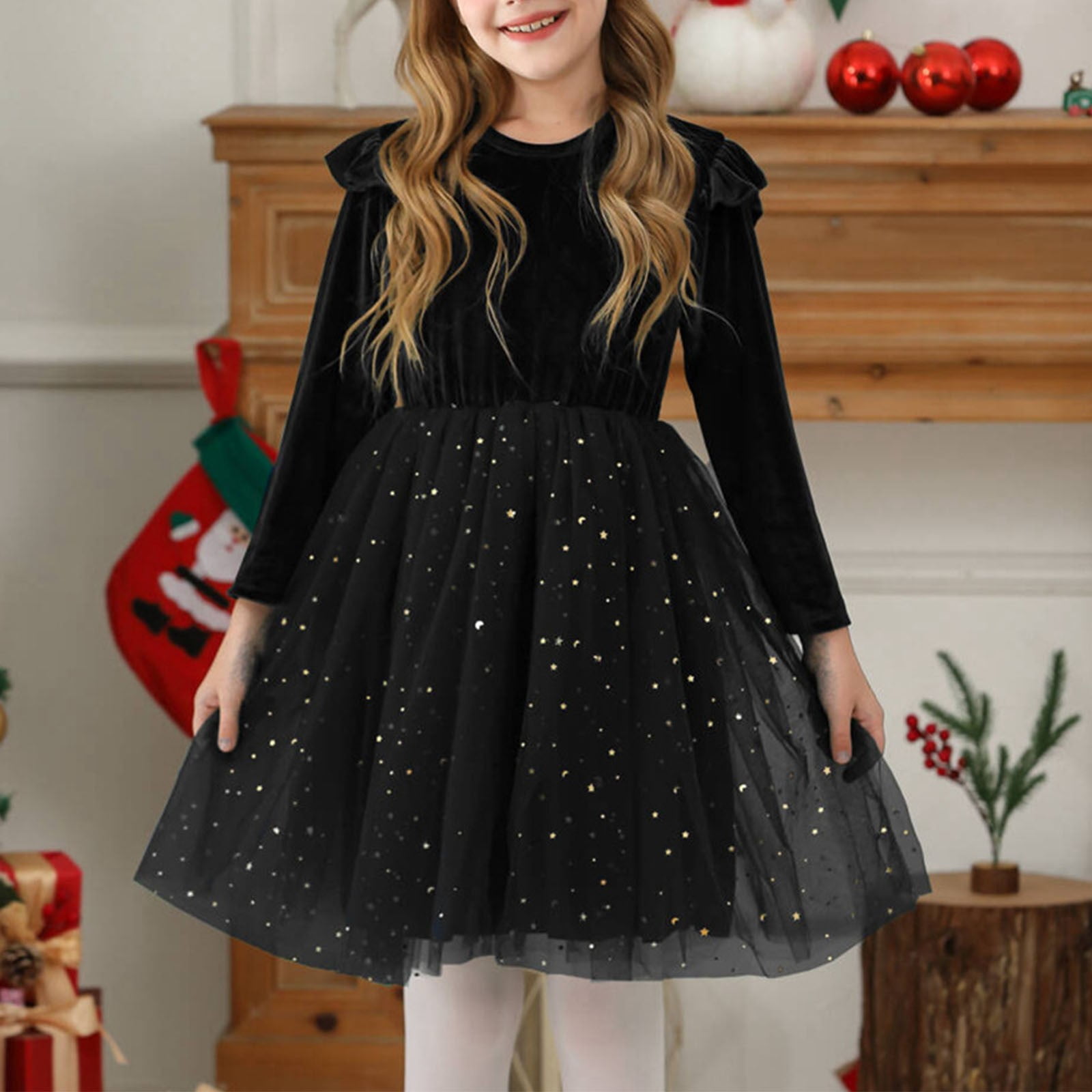 HOMADLES Girls Long Sleeve Dress Crewneck Velvet Layered Mesh Girls ...