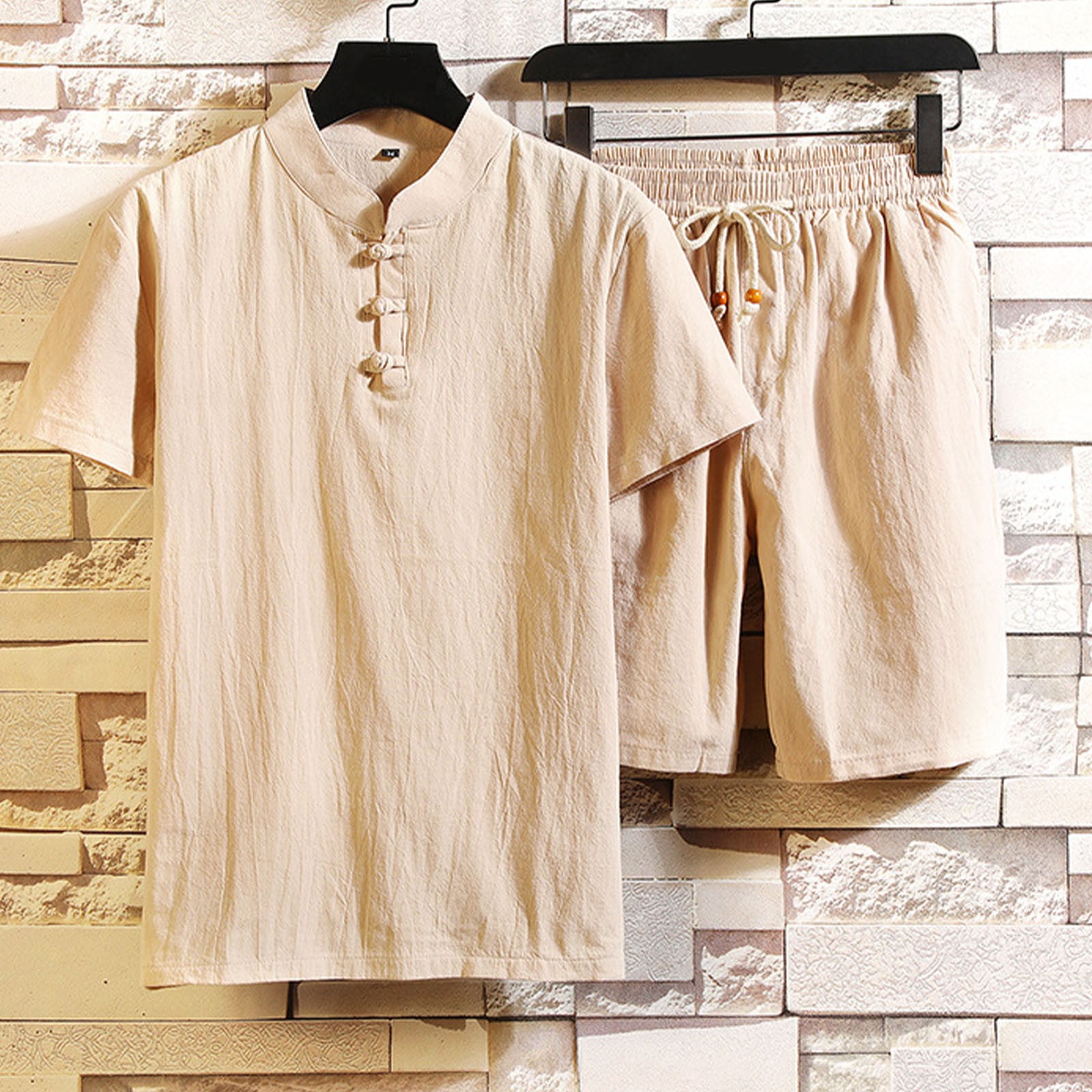 HOMADLES Men Short Sets Outfits 2 Piece Linen Shirt and Short Khaki 4XL ...
