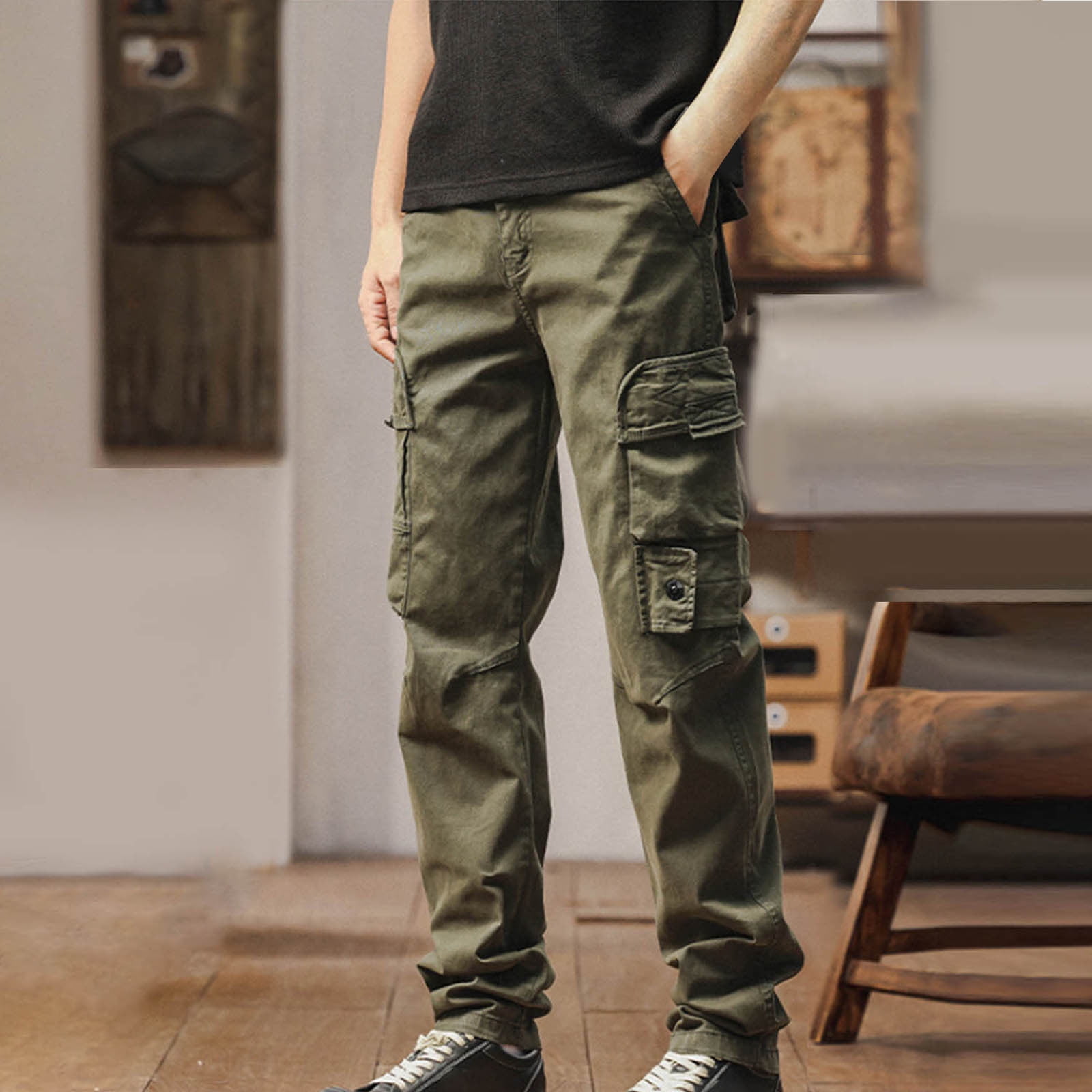 HOMADLES Men's and Big Men's Cargo Pants Slim Fit Stretch Solid Elastic Waist Multiple Pockets ...