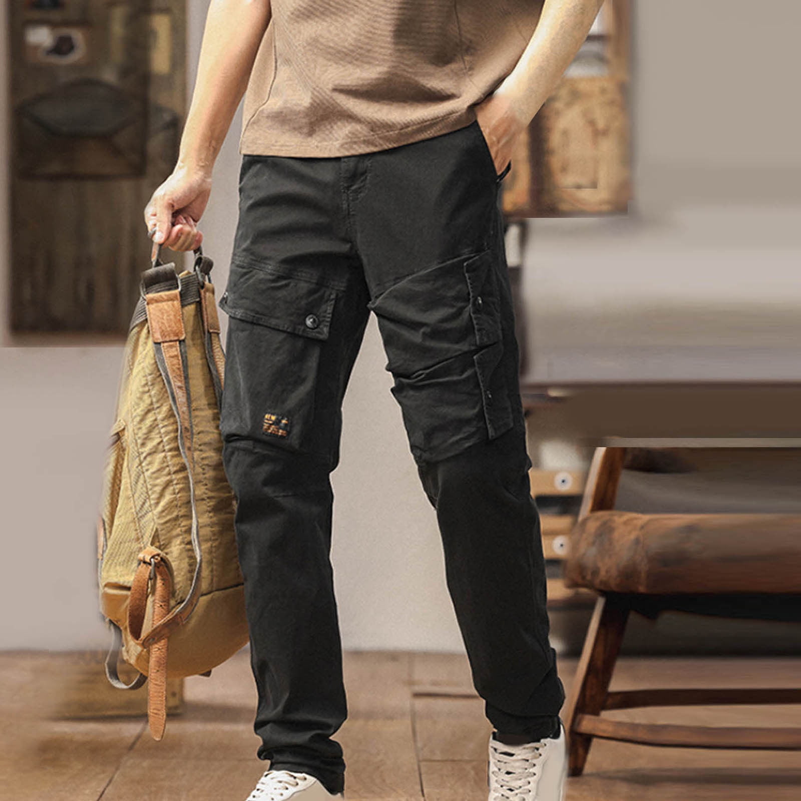 HOMADLES Men's and Big Men's Cargo Pants Slim Fit Stretch Solid Elastic Waist Multiple Pockets ...