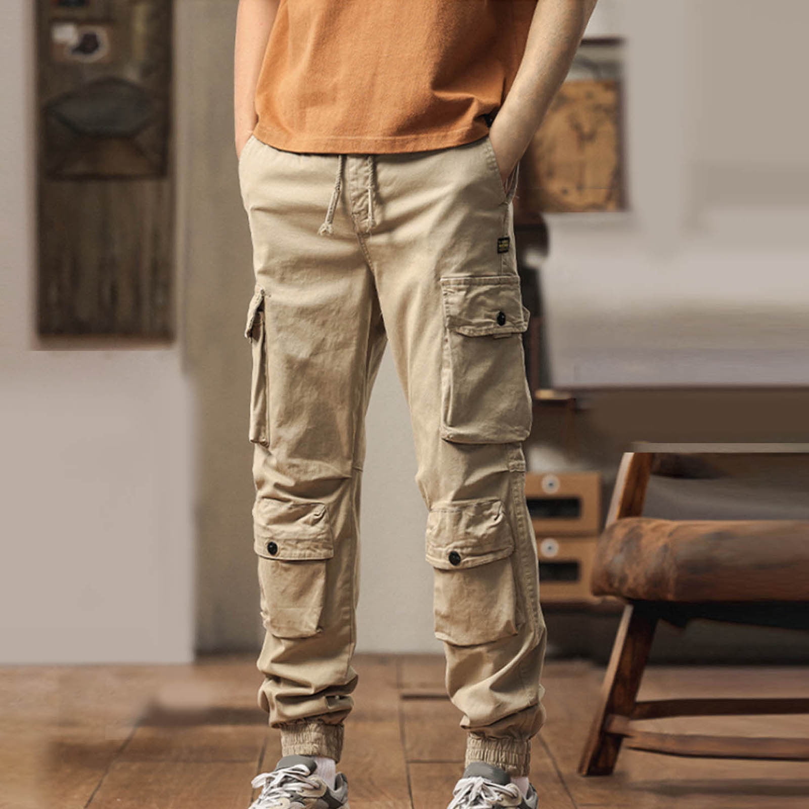 HOMADLES Men's and Big Men's Cargo Pants Slim Fit Stretch Solid Elastic Waist Multiple Pockets ...