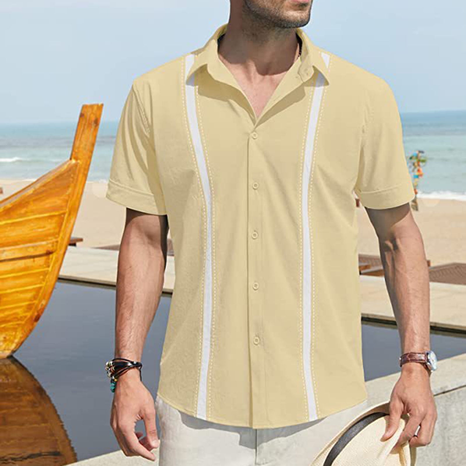 HOMADLES Mens Button Shirts Cotton Linen Knit Lapel Summer Short Sleeve ...