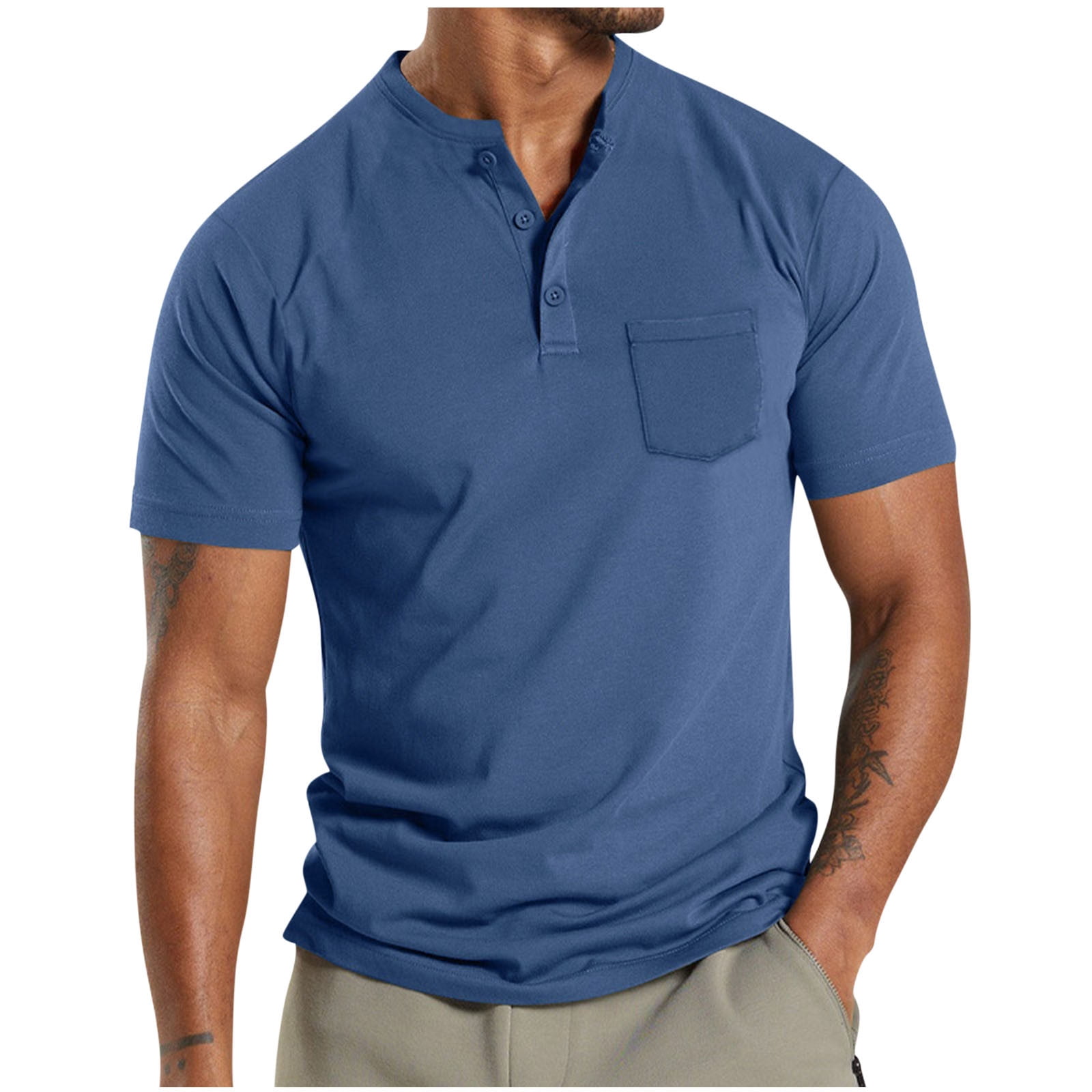 HOMADLES Mens Crewneck T-Shirt Muscle Stretch Button Shirt Blue XL ...