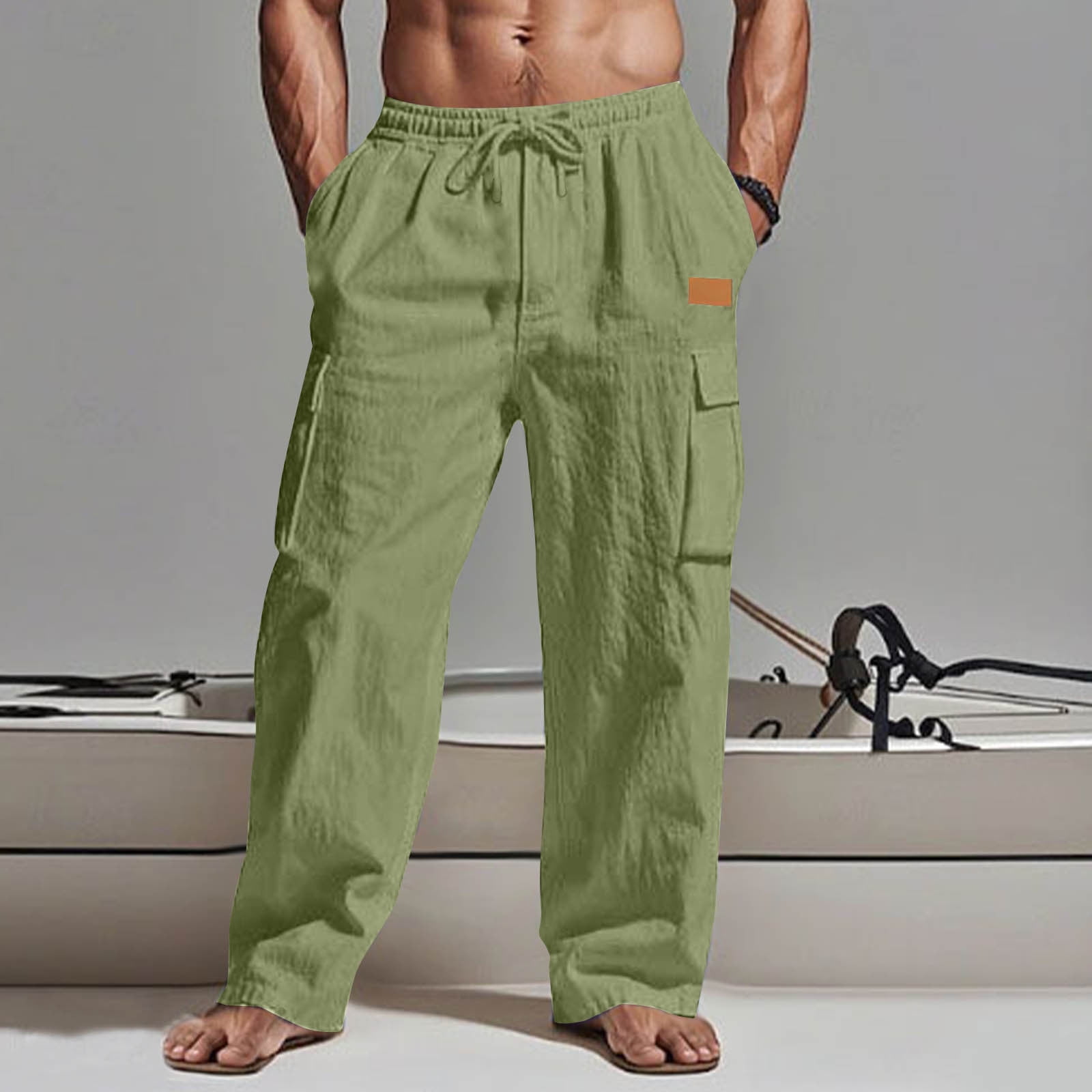 HOMADLES Mens Jogging Pants Linen Elastic Waist Solid Breathable Loose ...