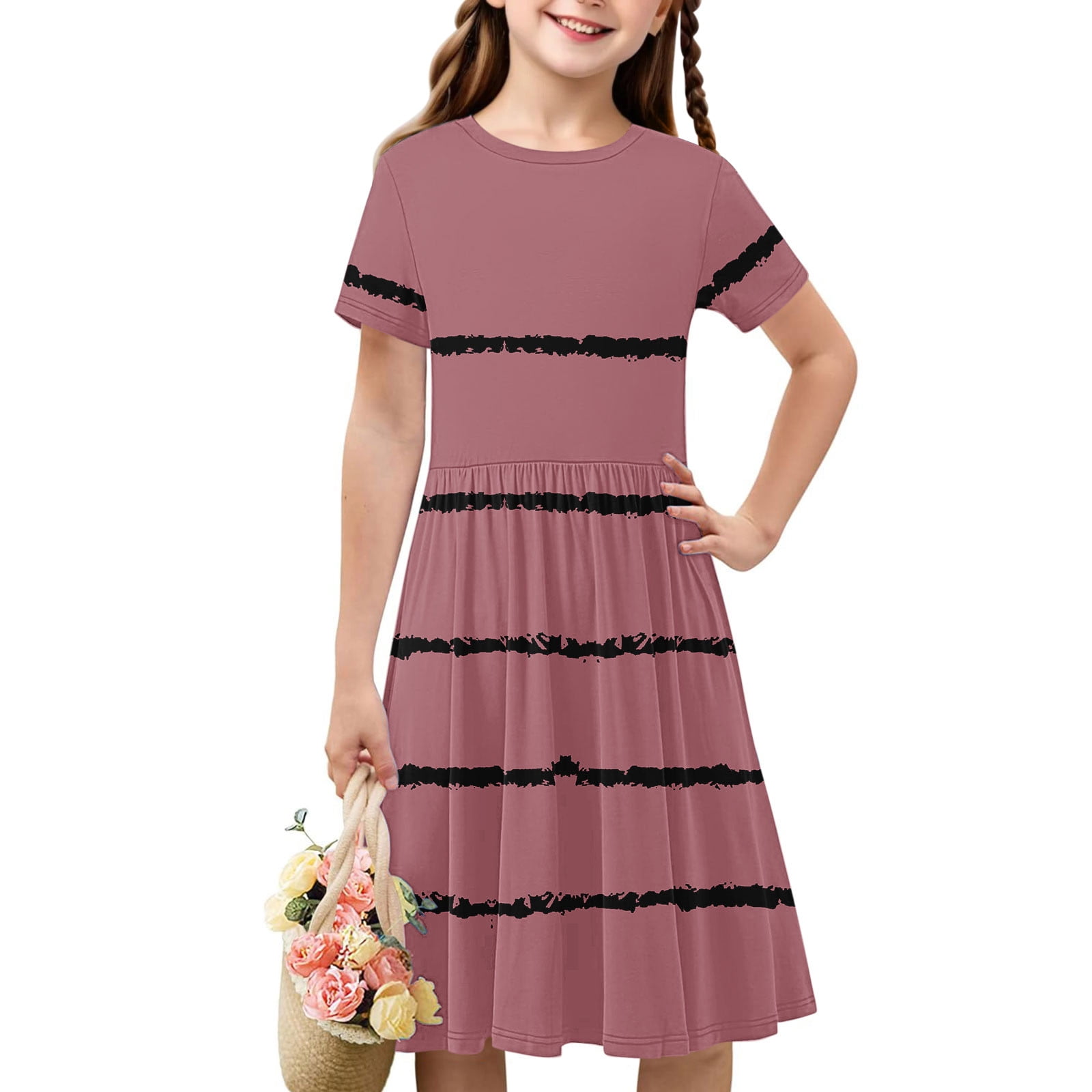 HOMADLES Short Sleeve Girls Dress Printed Round Neck Soft Stripe ...