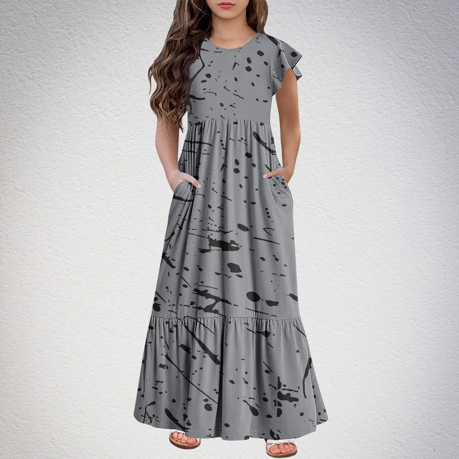 HOMADLES Short Sleeve Girls Dress Round Neck Soft, Sundress Gray 12 T ...