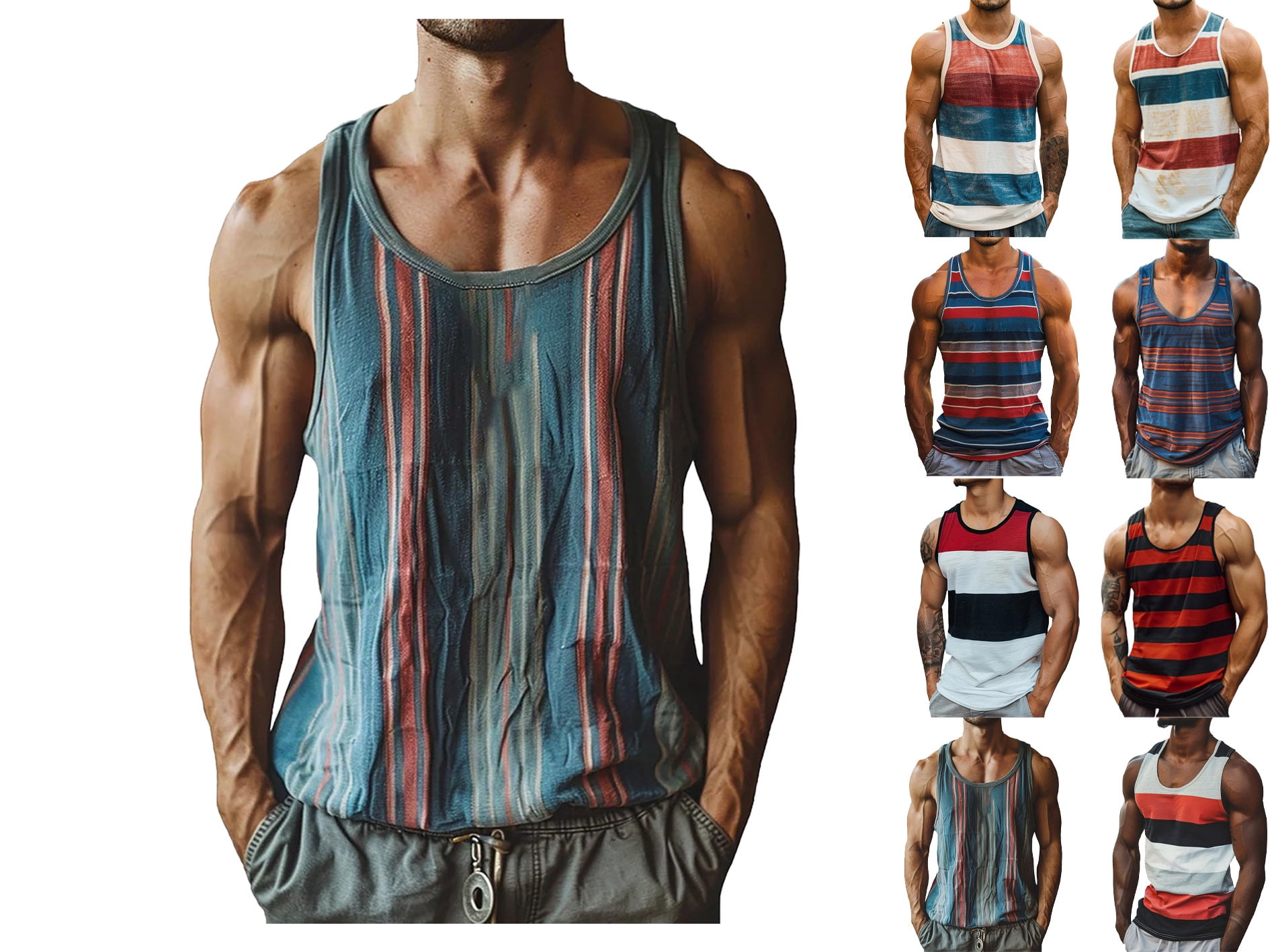 HOMADLES Workout Tank Tops for Men Stripe Print Crewneck Basice Muscle ...