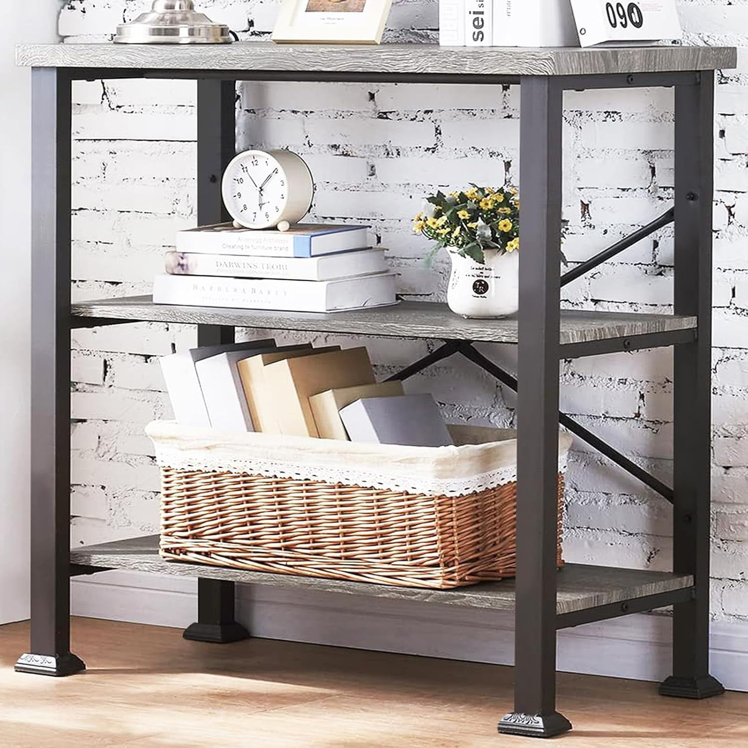 HOMBAZAAR 3 Tier Bookshelf,Grey Industrial Book Shelf,Engineered Wood ...