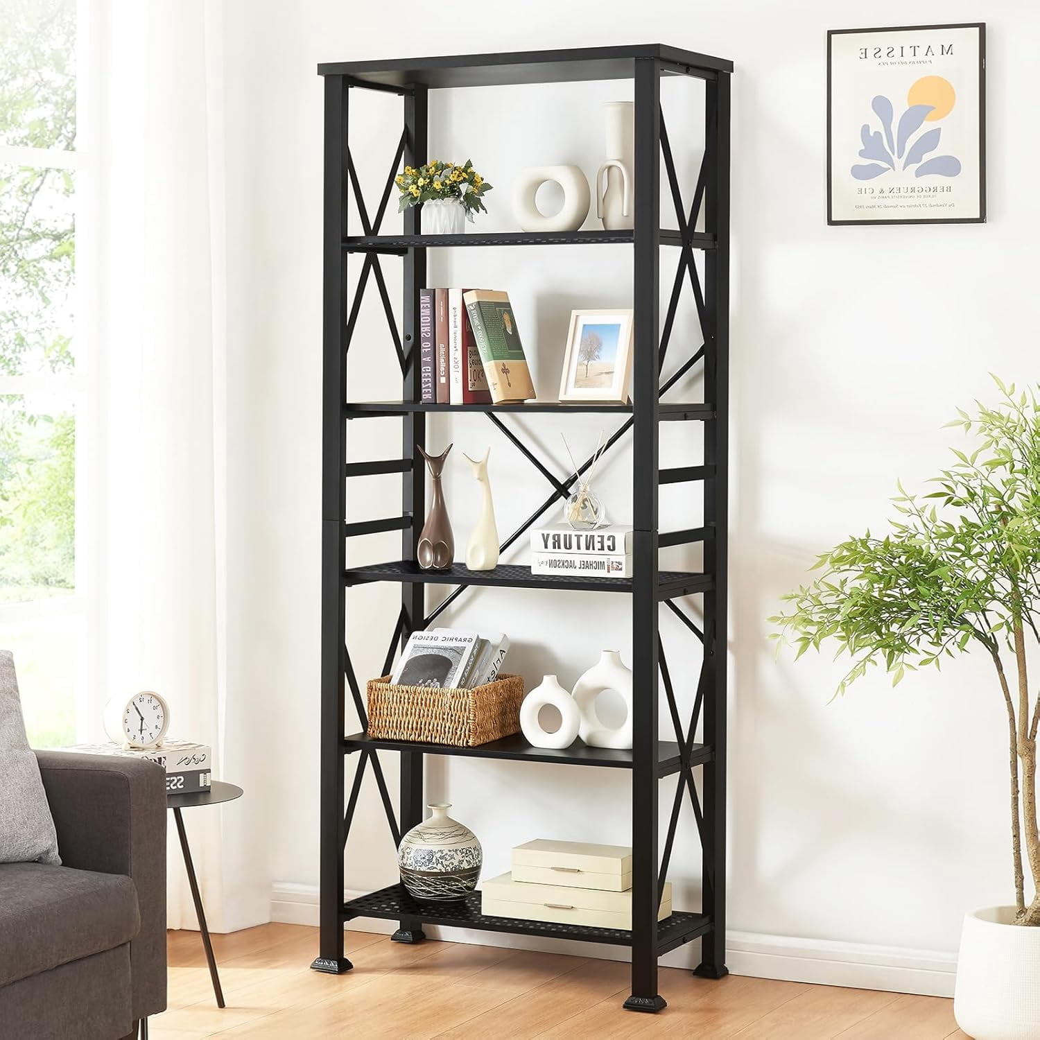 HOMBAZAAR 6 Tier Bookshelf,74 Inch Tall Bookshelf with Metal Frame and ...