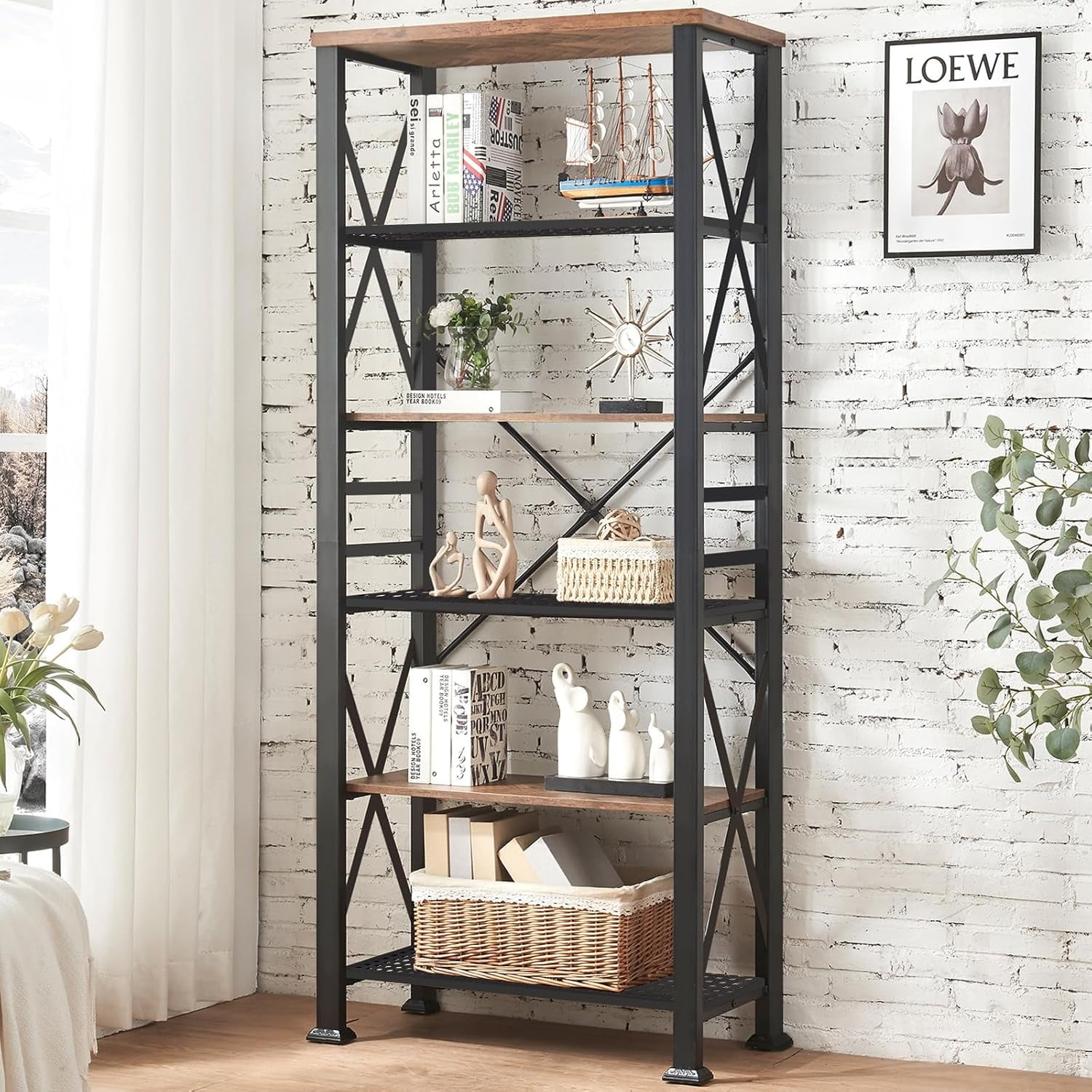 HOMBAZAAR 6 Tier Bookshelf,74 Inch Tall Industrial Bookshelf with Metal Frame and Open Shelves ...