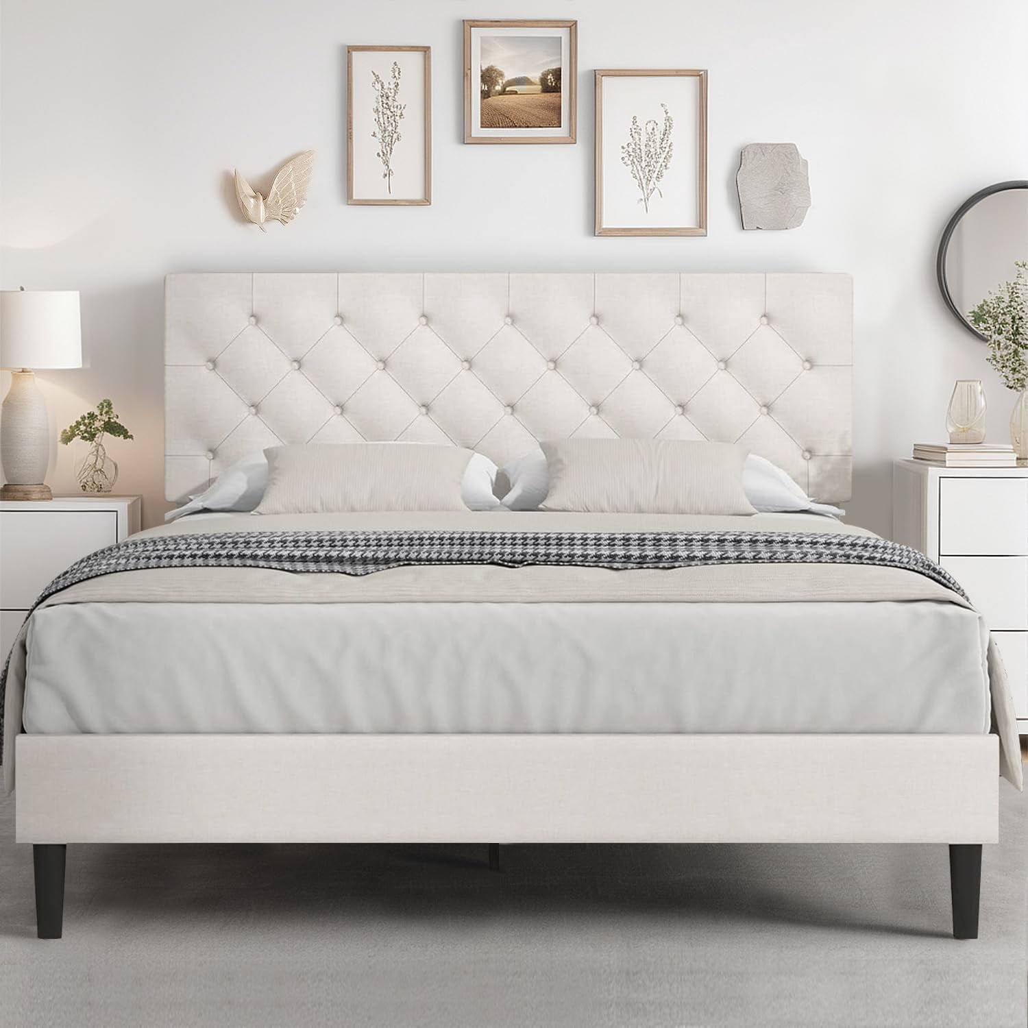 HOMBCK Twin Bed Frame, Linen Fabric Upholstered Bed Frame with ...