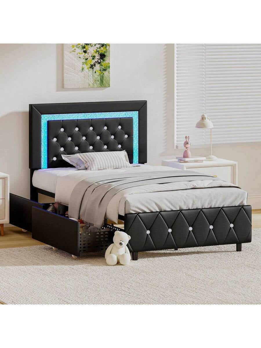 HOMBCK Twin Size LED Bed Frame, Upholstered Plarform Bed Frame With ...