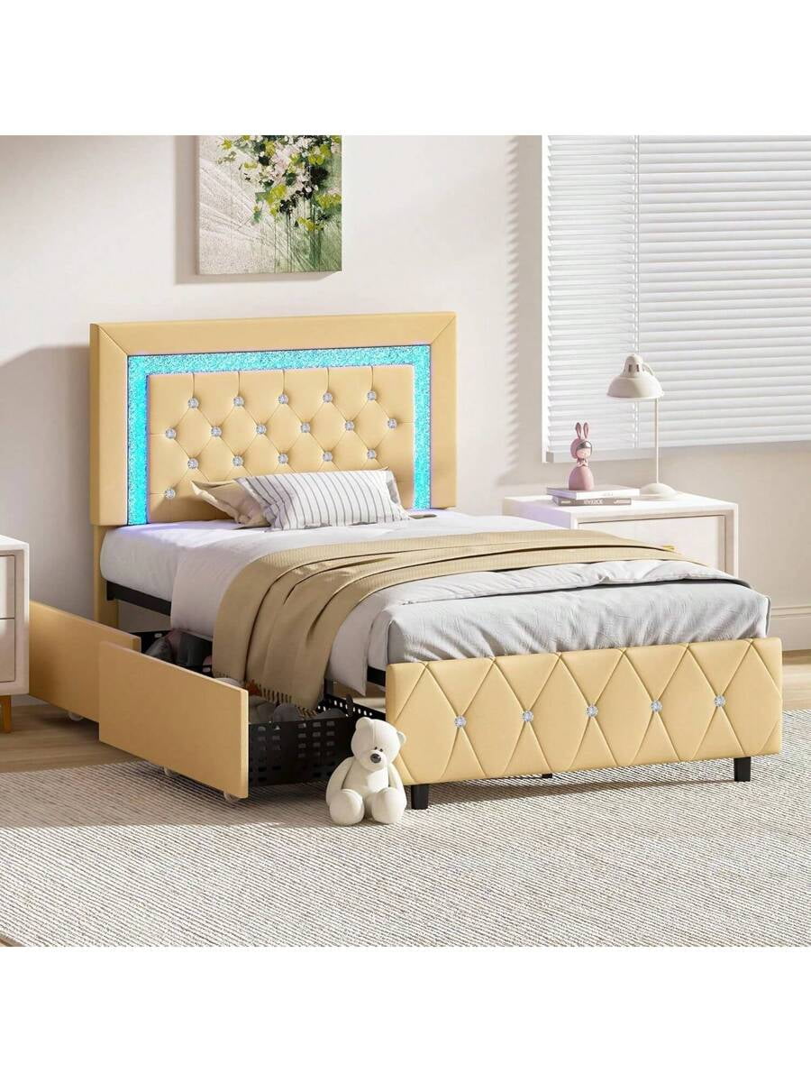 HOMBCK Twin Size LED Bed Frame, Upholstered Plarform Bed Frame With Storage Drawers, Modern Pink ...
