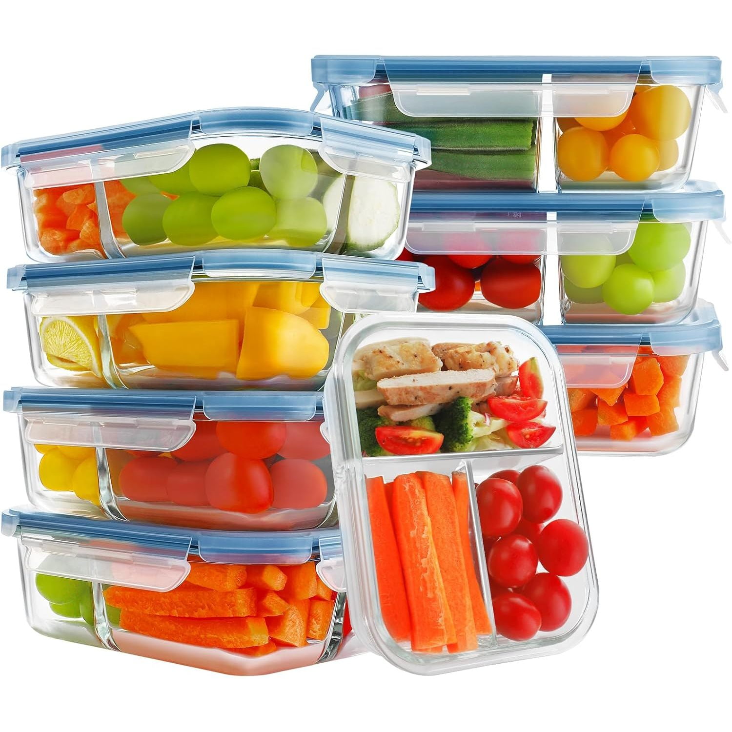 HOMBERKING 8 Pack Glass Meal Prep Containers 3 Compartment, 36oz Glass ...