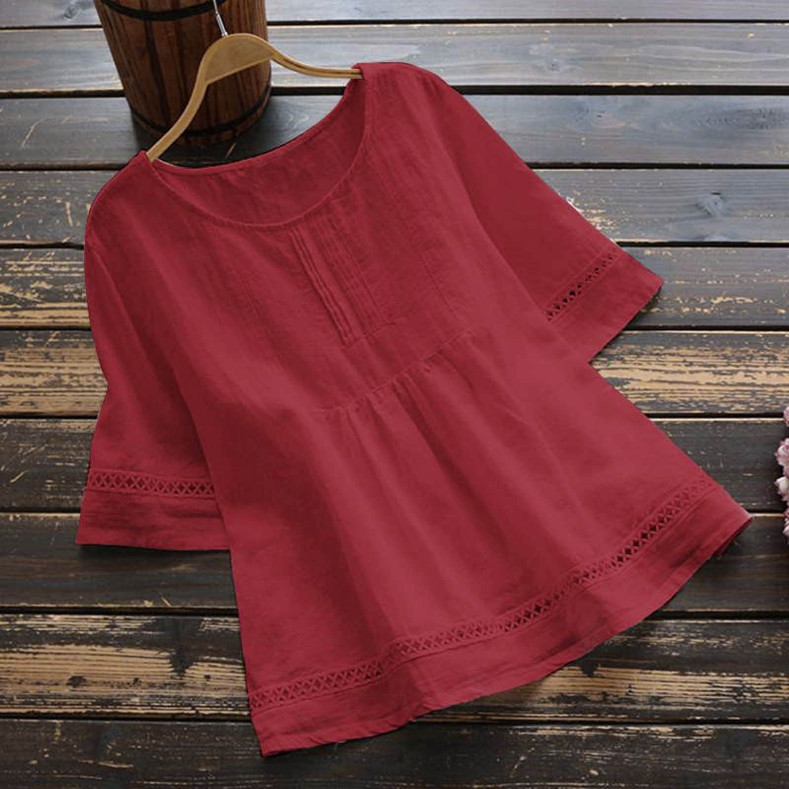 HOMBOM 3/4 Sleeve Womens Blouses Clearance Casual Red Solid Crew Neck ...