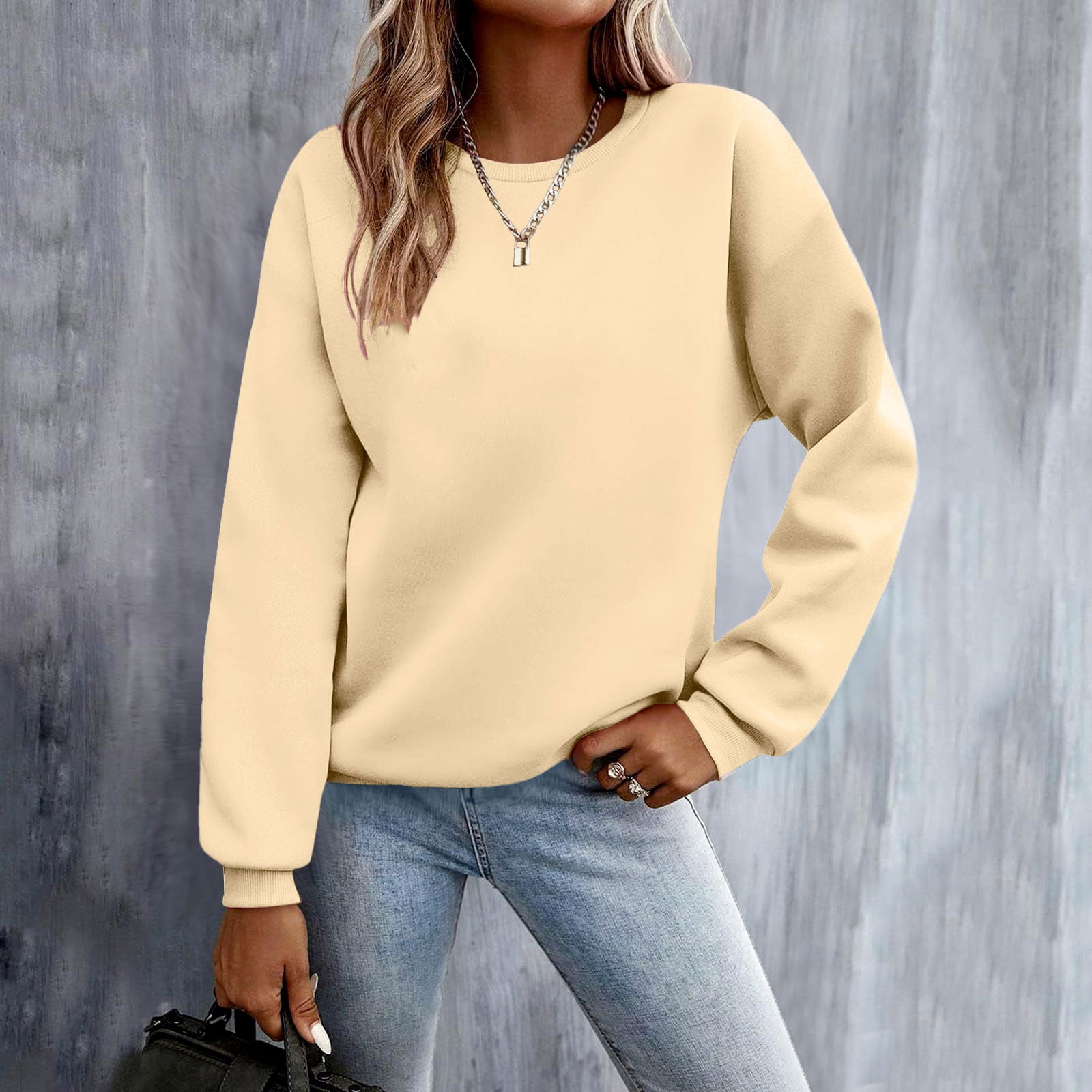 HOMBOM Beige Sweatshirts for Women Trendy Crew Neck Plain Fall Tops ...