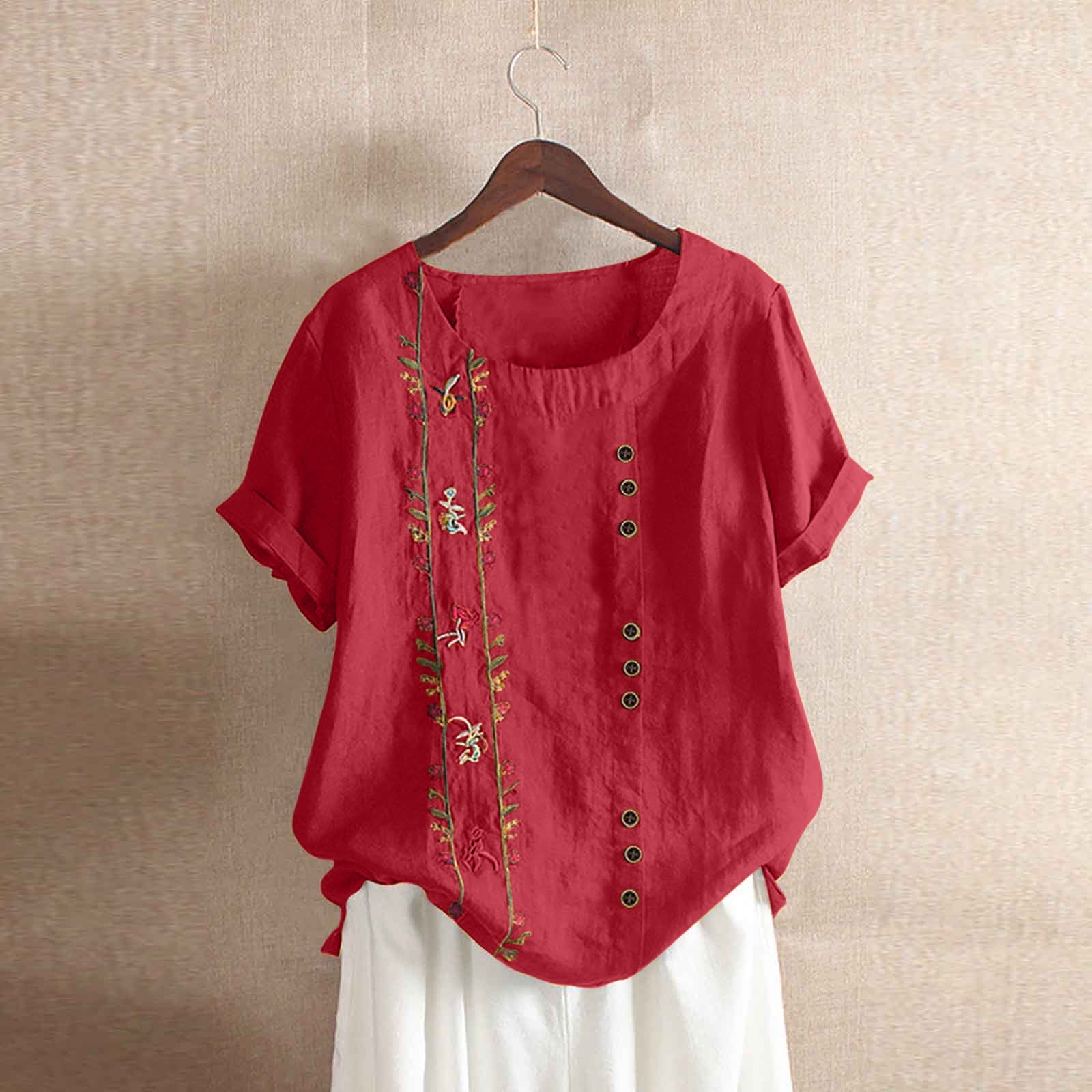 HOMBOM Blouses for Women Red Short Sleeve Casual Floral Plus Size Crew ...