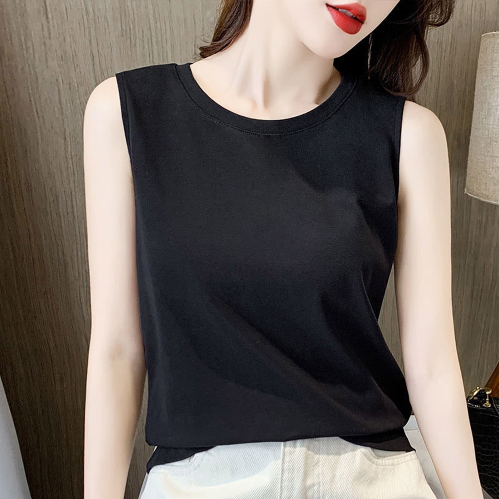 HOMBOM Chemise Tank Tops for Women Trendy Black Solid Color Sleeveless ...