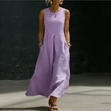 HOMBOM Cotton Linen Tank Dresses for Women Summer Maxi with Pockets ...