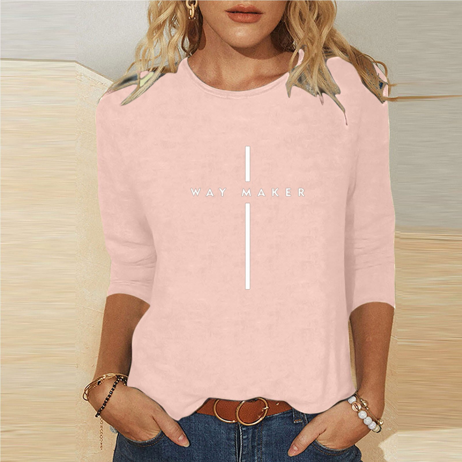 HOMBOM Cute Easter Tops For Women 3/4 Sleeve Pink Casual Tops Crew Neck ...