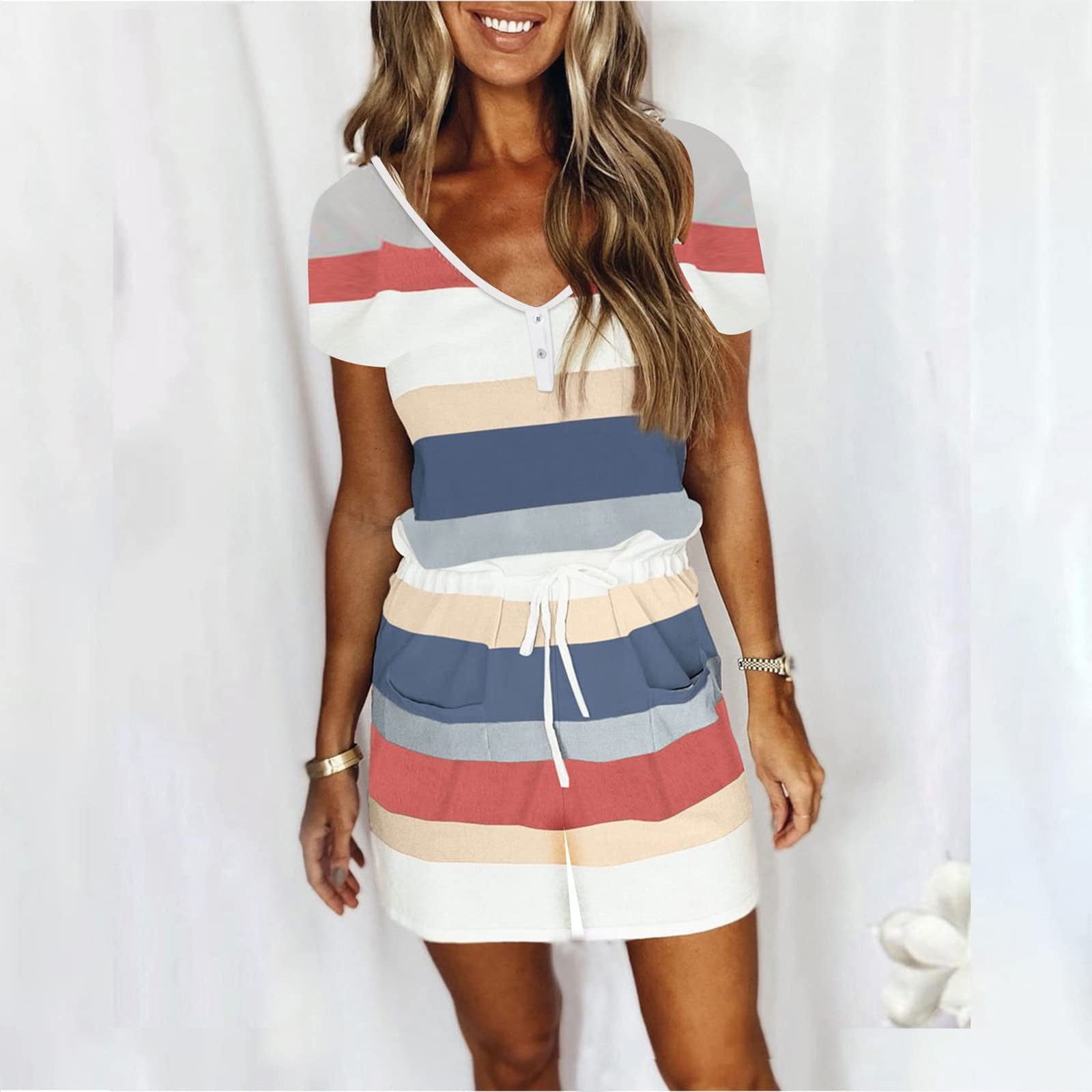 HOMBOM Cute Summer Jumpsuits for Women Blue Short Sleeve V-neck Striped ...
