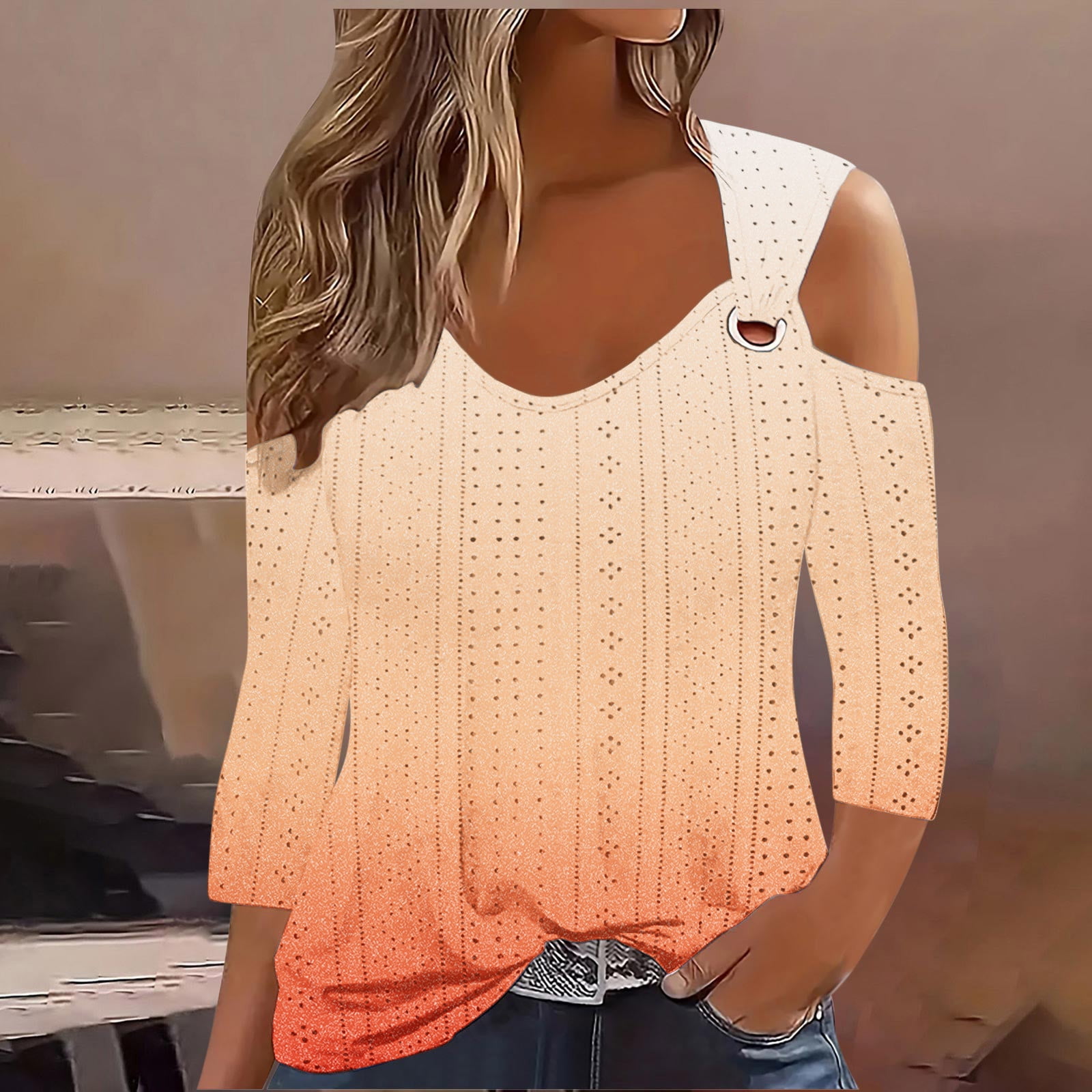 HOMBOM Eyelet Women T Shirts Scoop Neck Orange 3/4 Sleeve Basic Off Shoulder Gradient Color 2025 ...