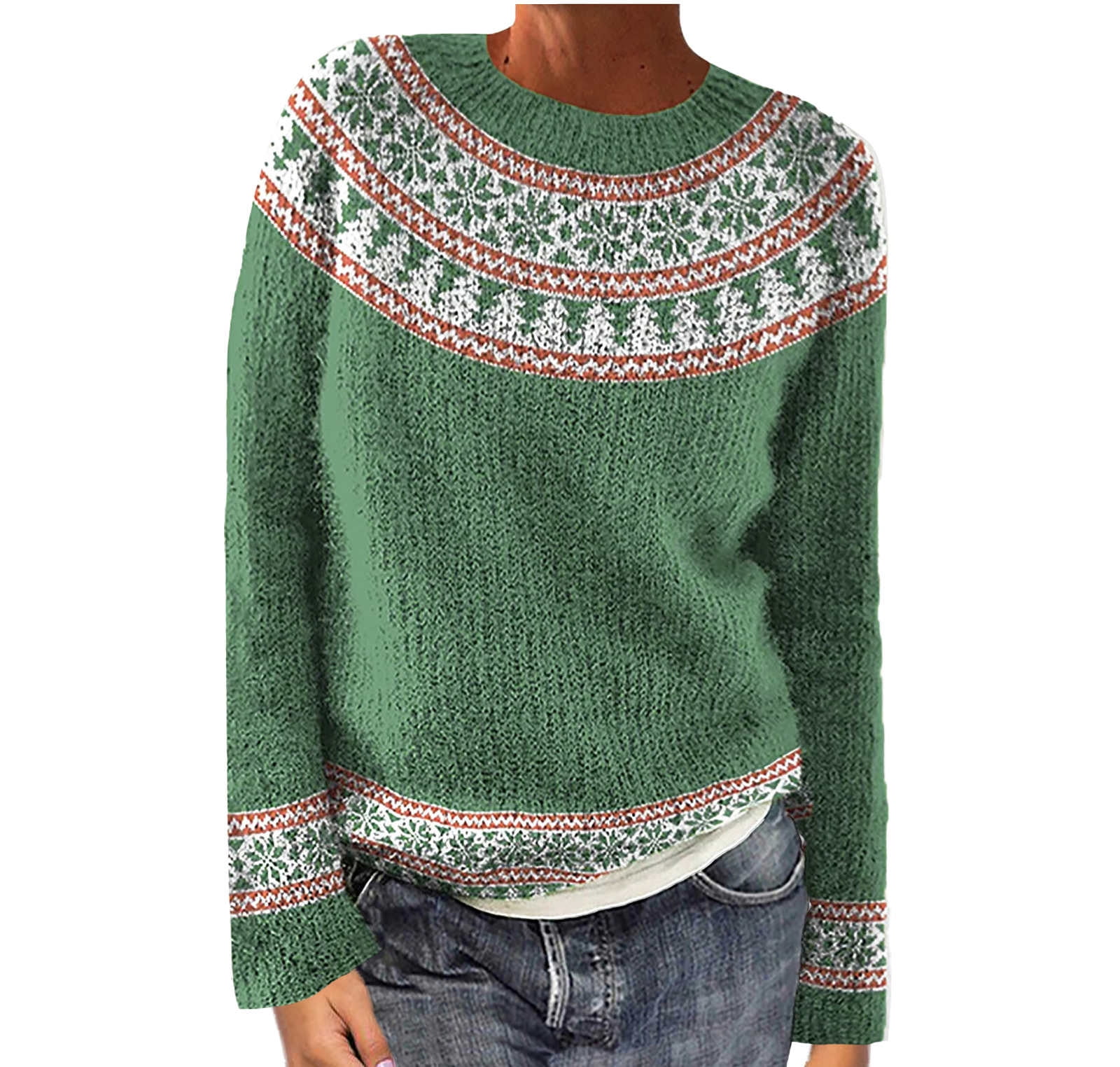 HOMBOM Green Christmas Sweaters for Women Crew Neck Pullover Fair Isle Tops Casual Loose Vintage ...