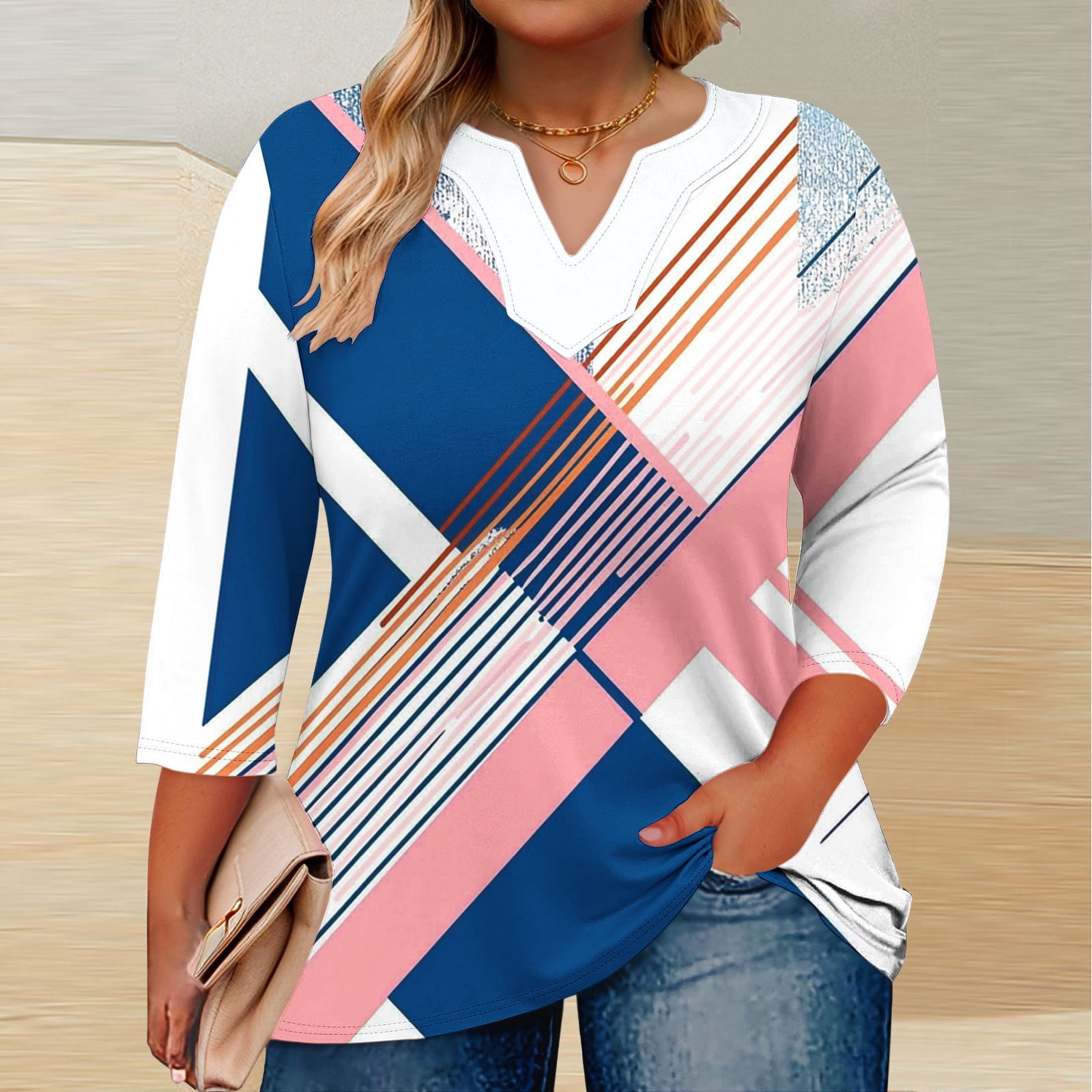 HOMBOM Khaki Blouses for Women 3/4 Sleeve V-Neck Plus Size Western ...