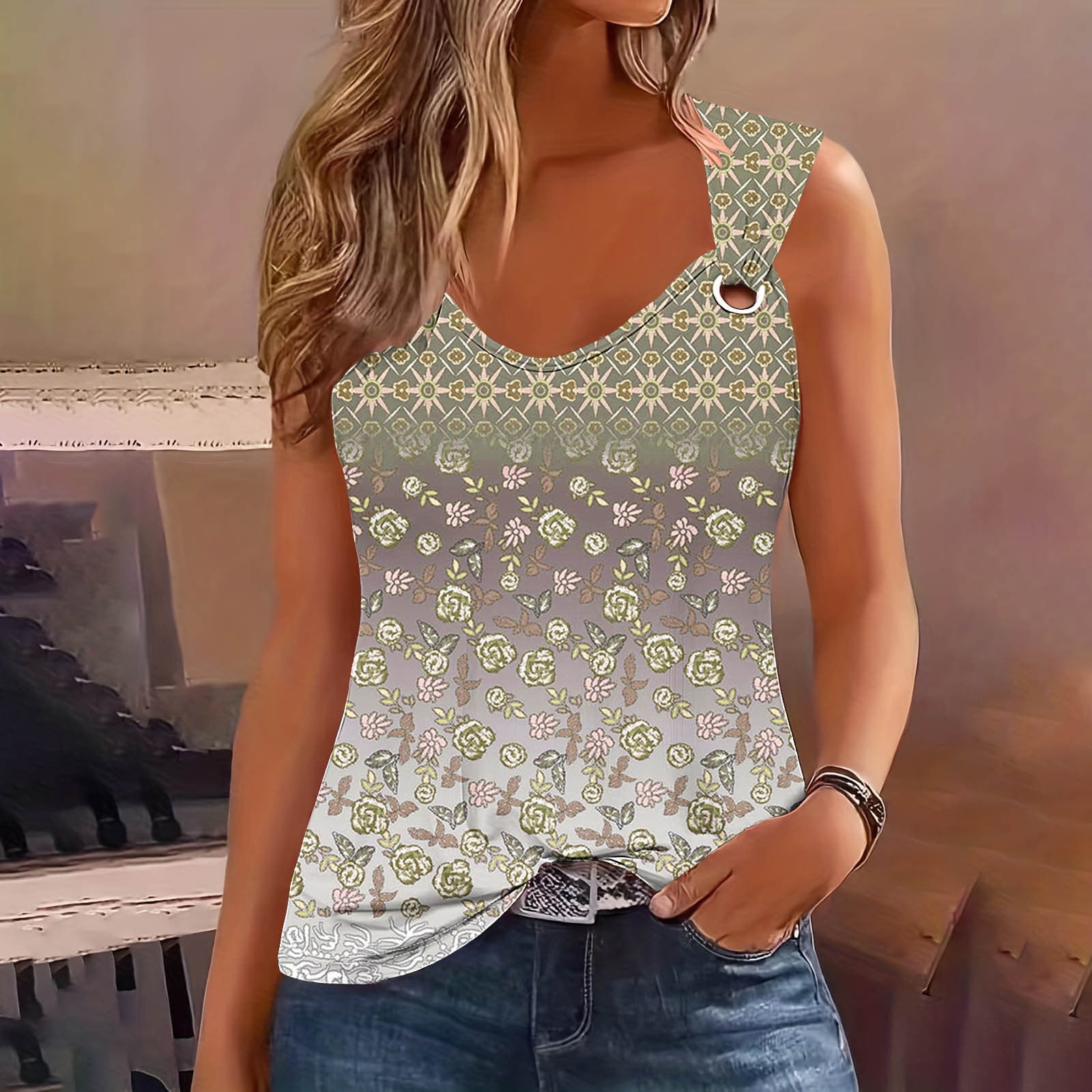 HOMBOM Khaki Women Tops Clearance $5.00 Sleeveless Tank Tops Floral V ...