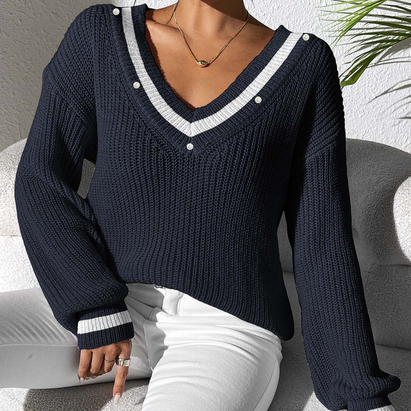 HOMBOM Knit Cute Christmas Sweaters for Women V-Neck Blue Pullover Tops ...