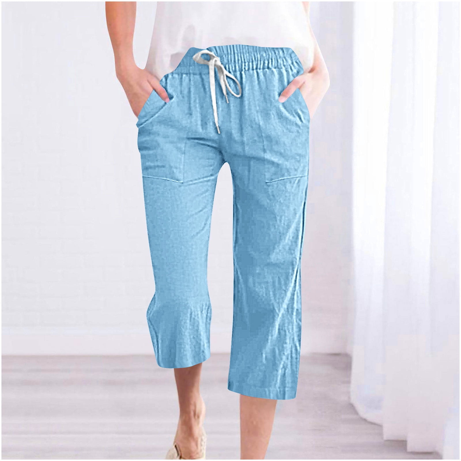 HOMBOM Light Blue Capri Leggings for Women with Pockets Wide-Leg Cotton ...